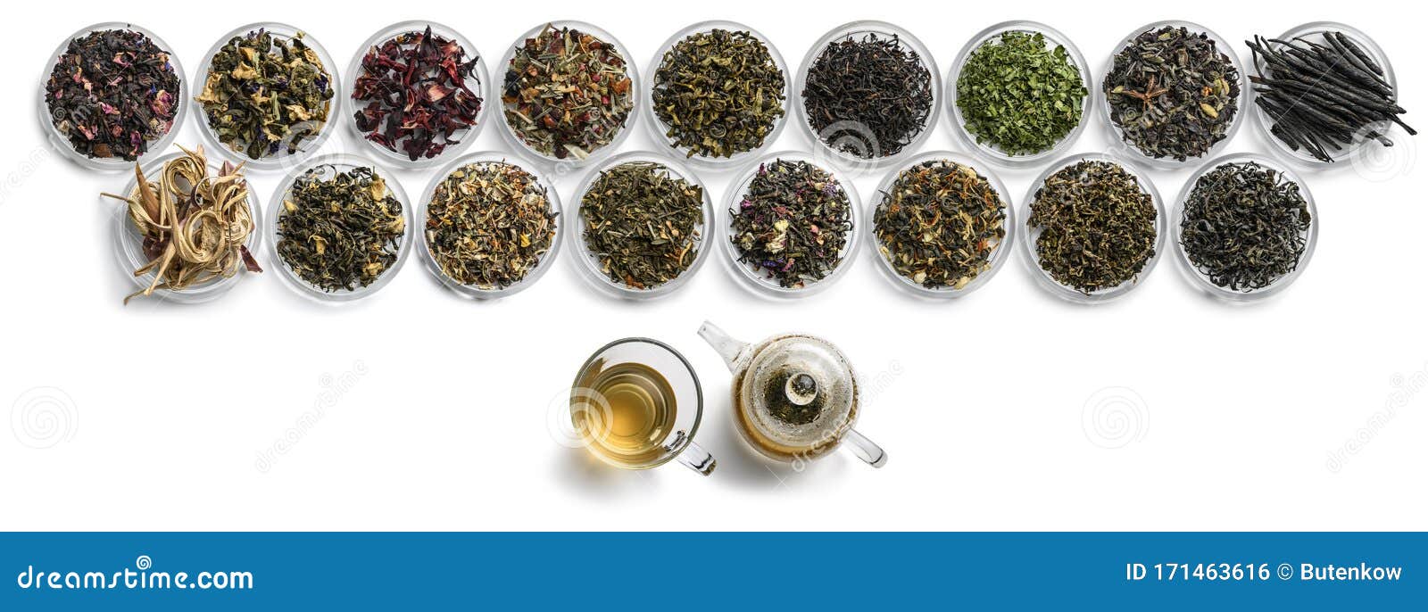 Large Assortment of Tea on a White Background. the View from the Top ...