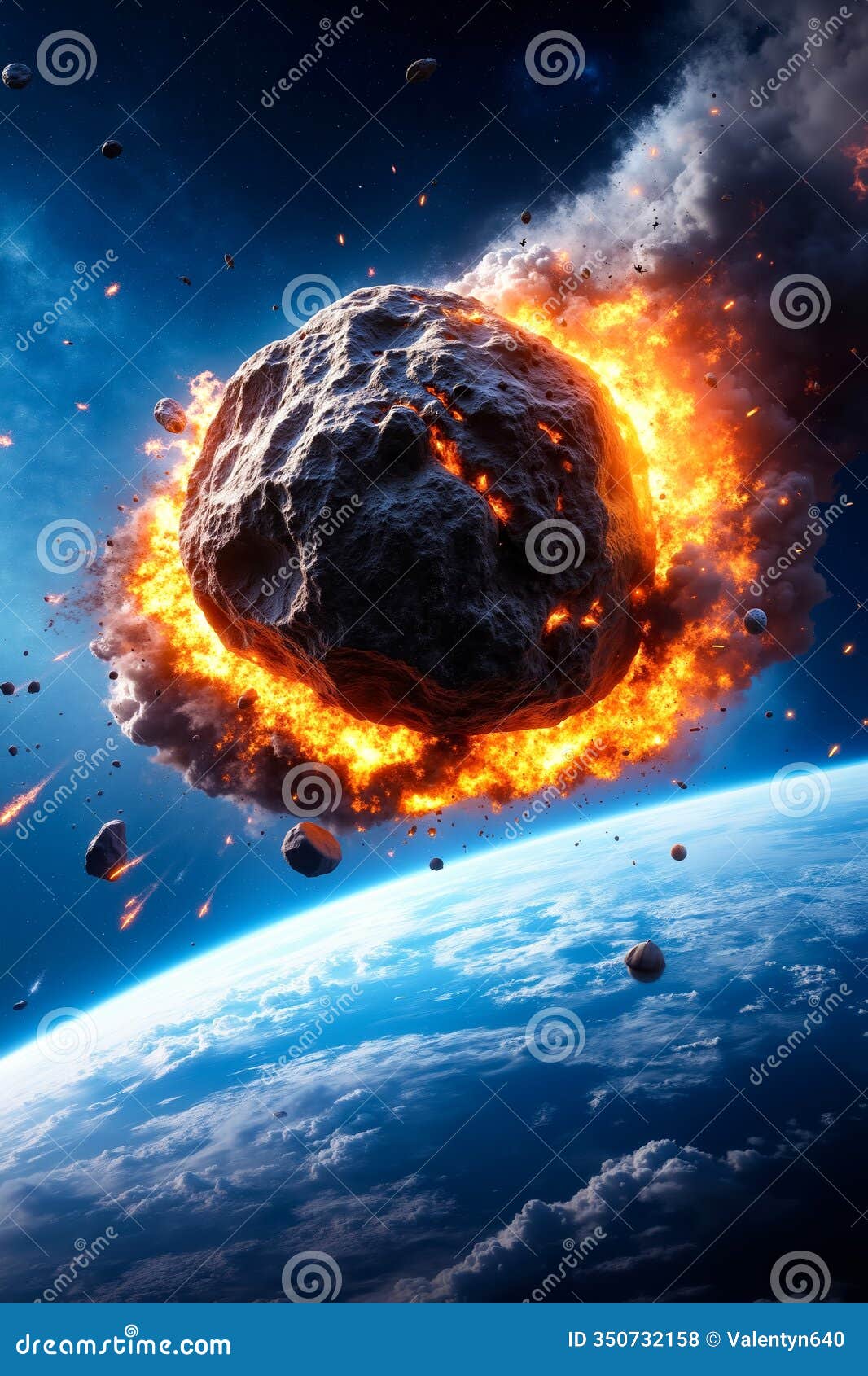 An Asteroid Hitting the Earth in Space Stock Photo - Image of explosion ...