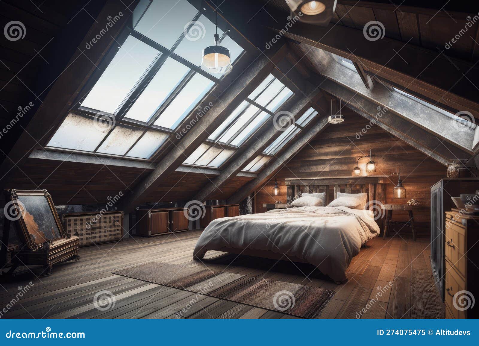 Large Attic Room with Skylight and View of the Night Sky Stock ...