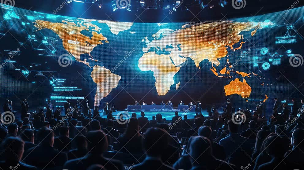 Large Audience at Global Conference with World Map on Screen Stock ...