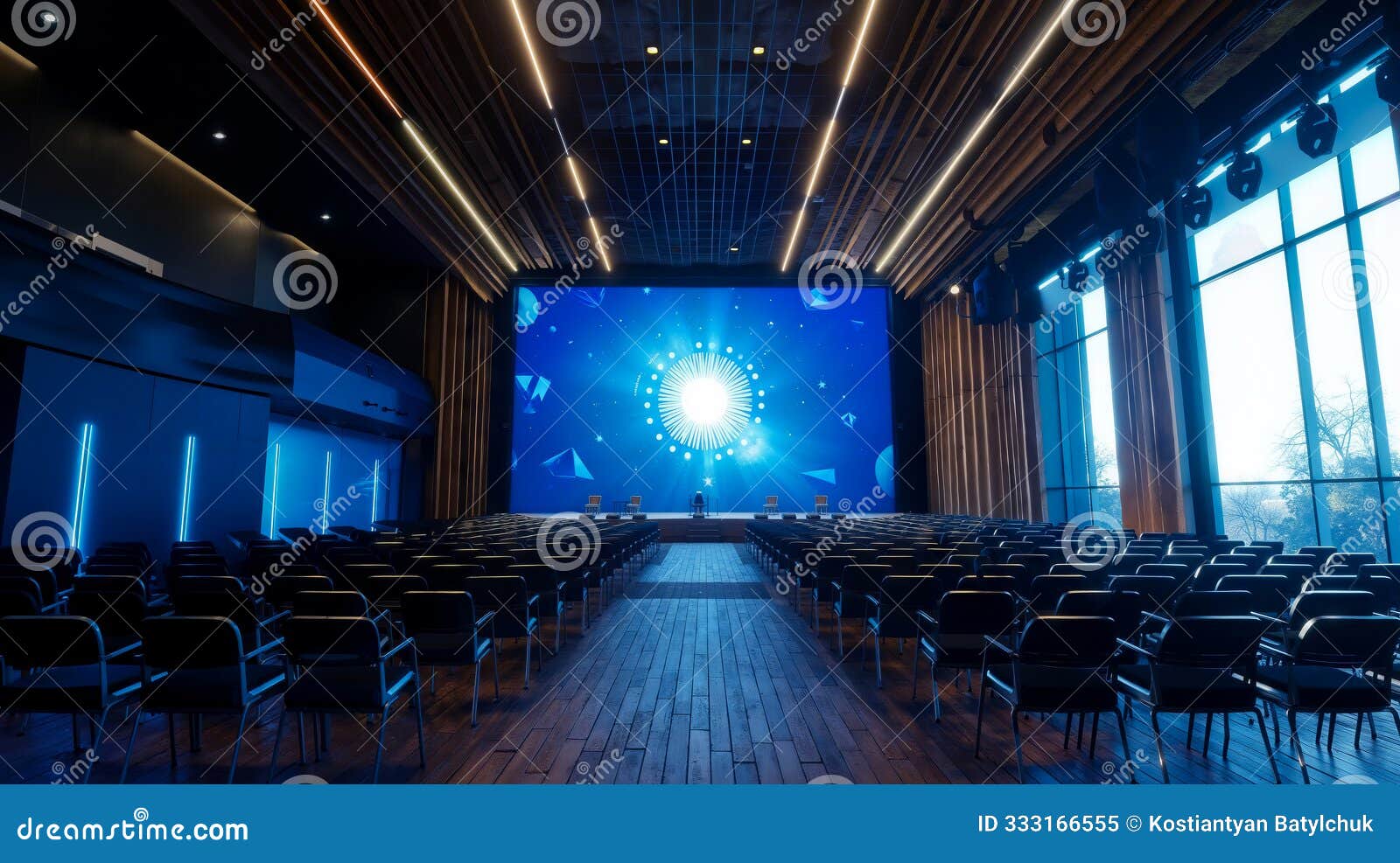A Large Auditorium with Rows of Chairs and a Projector Screen Stock ...