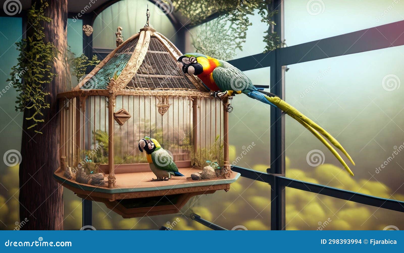 A Large Aviary with Parrots Stock Illustration - Illustration of ...