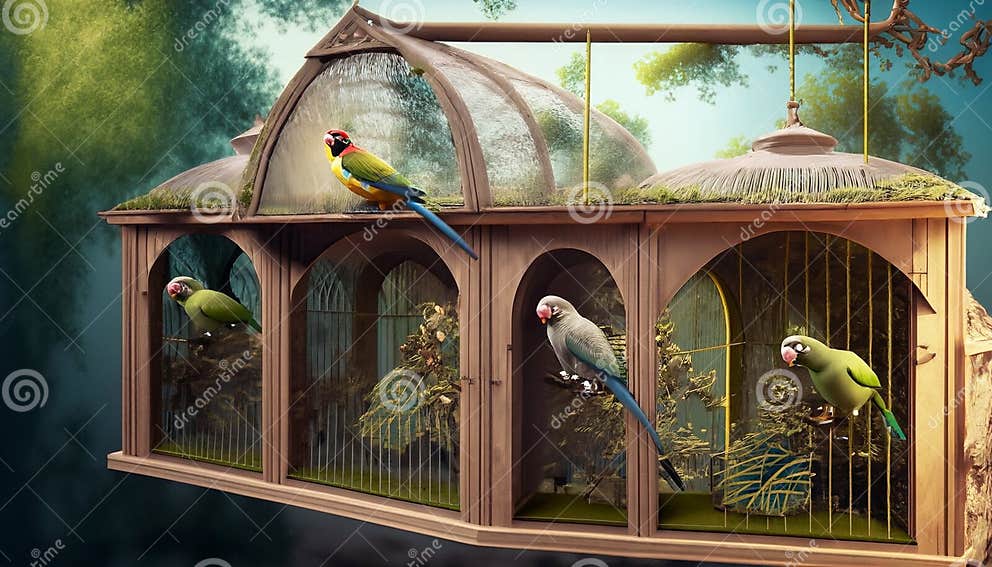 A Large Aviary with Parrots Stock Illustration - Illustration of ...