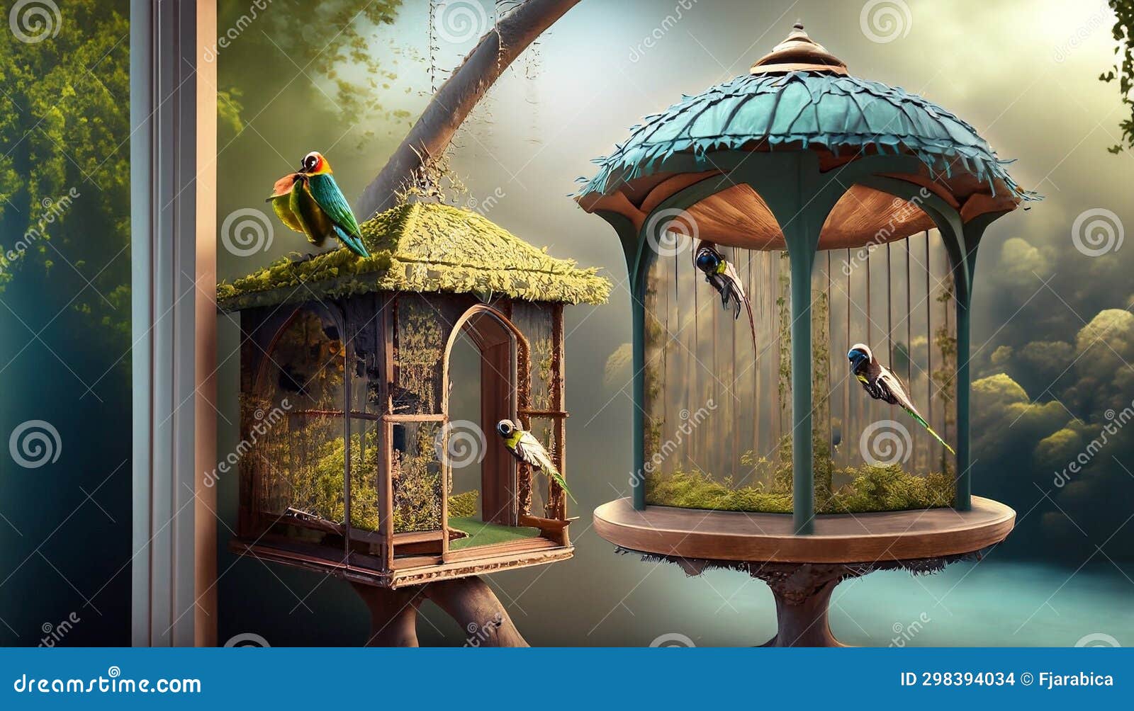 A Large Aviary with Parrots Stock Illustration - Illustration of green ...