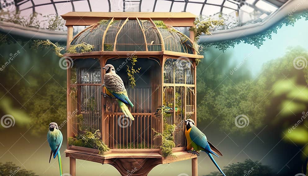 A Large Aviary with Parrots Stock Illustration - Illustration of ...