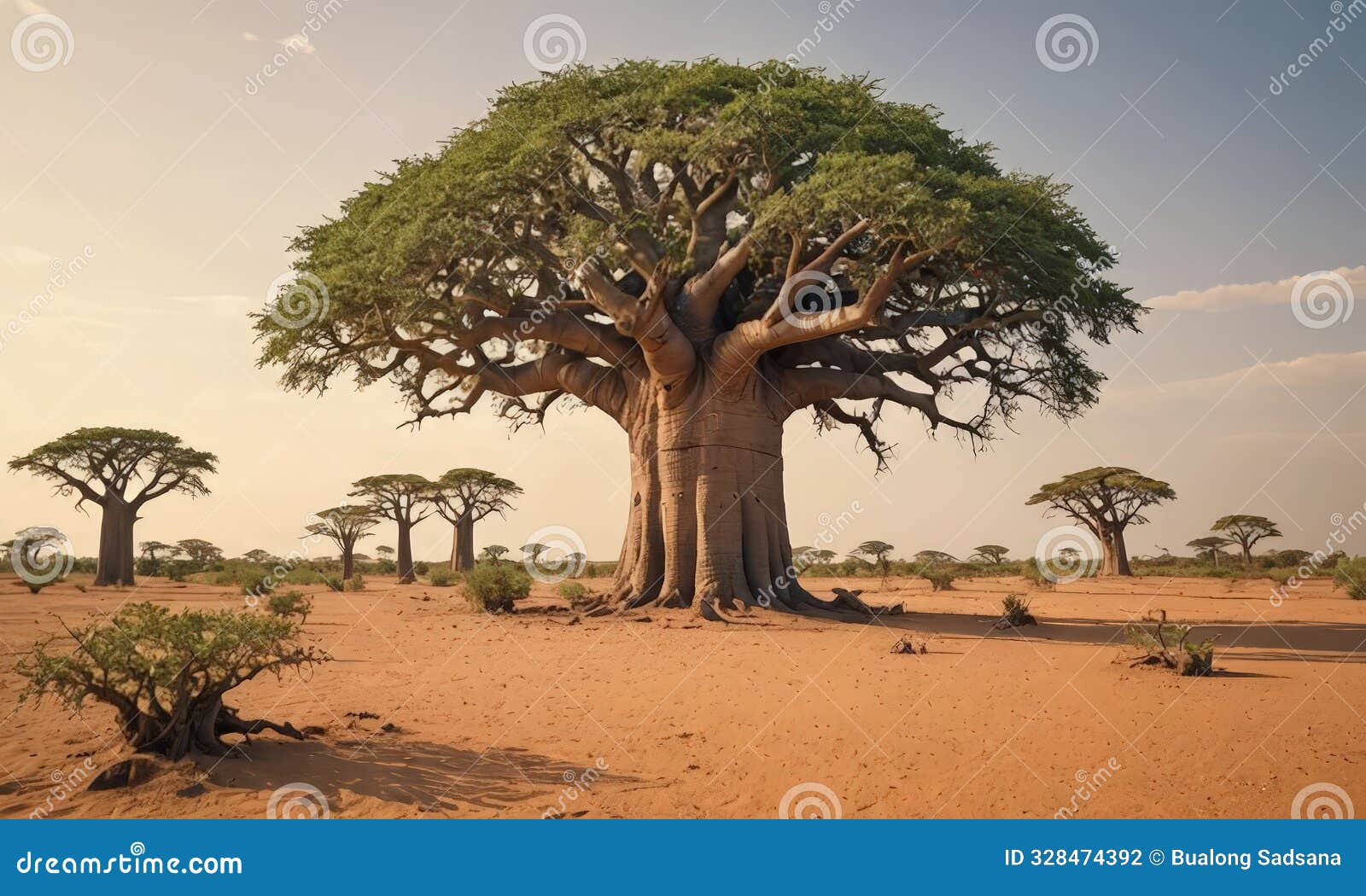Large Baobab Tree with Thick Trunk and Sprawling Branches Stands in ...