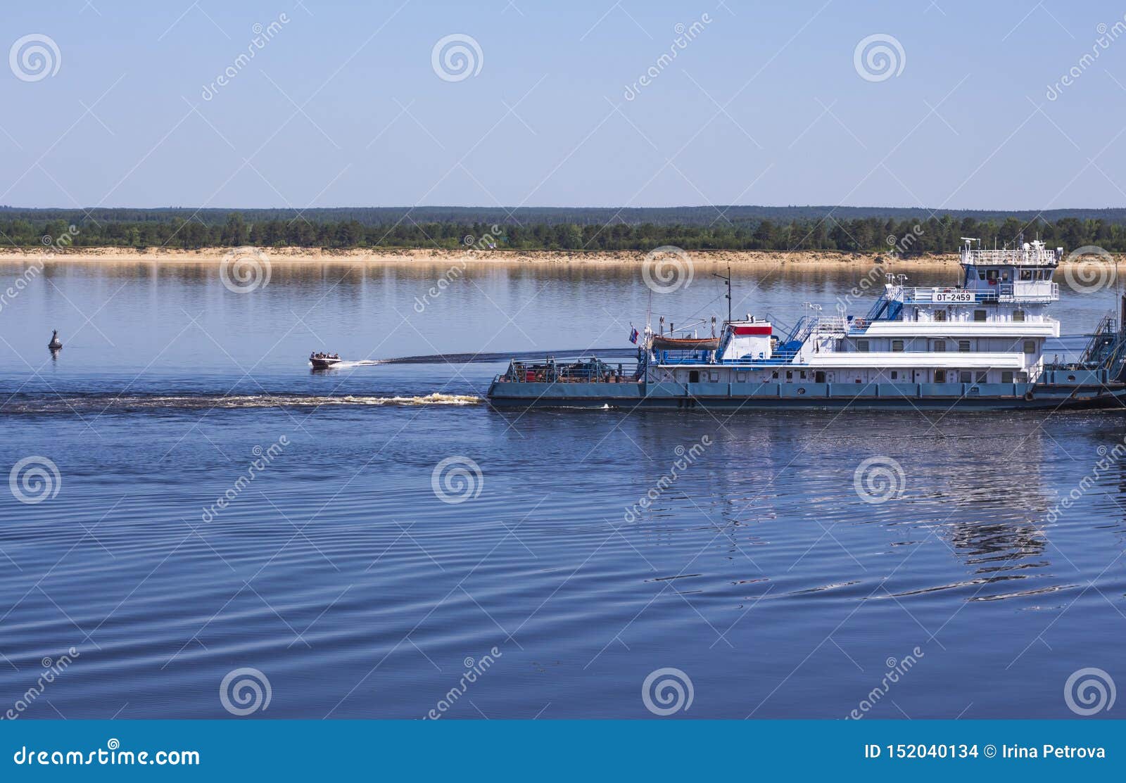 Large Barge and Motor Boat on the Volga Stock Photo - Image of boat ...