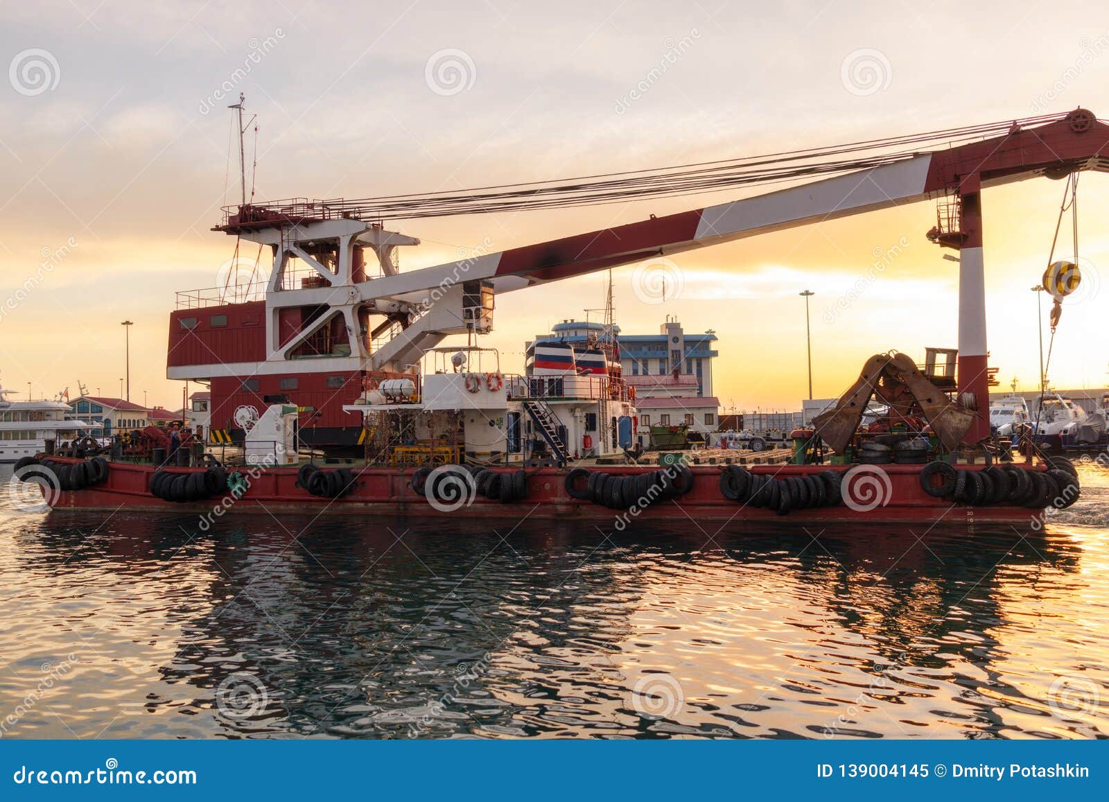 Large Barge with a Powerful Crane in the Port Stock Image - Image of ...