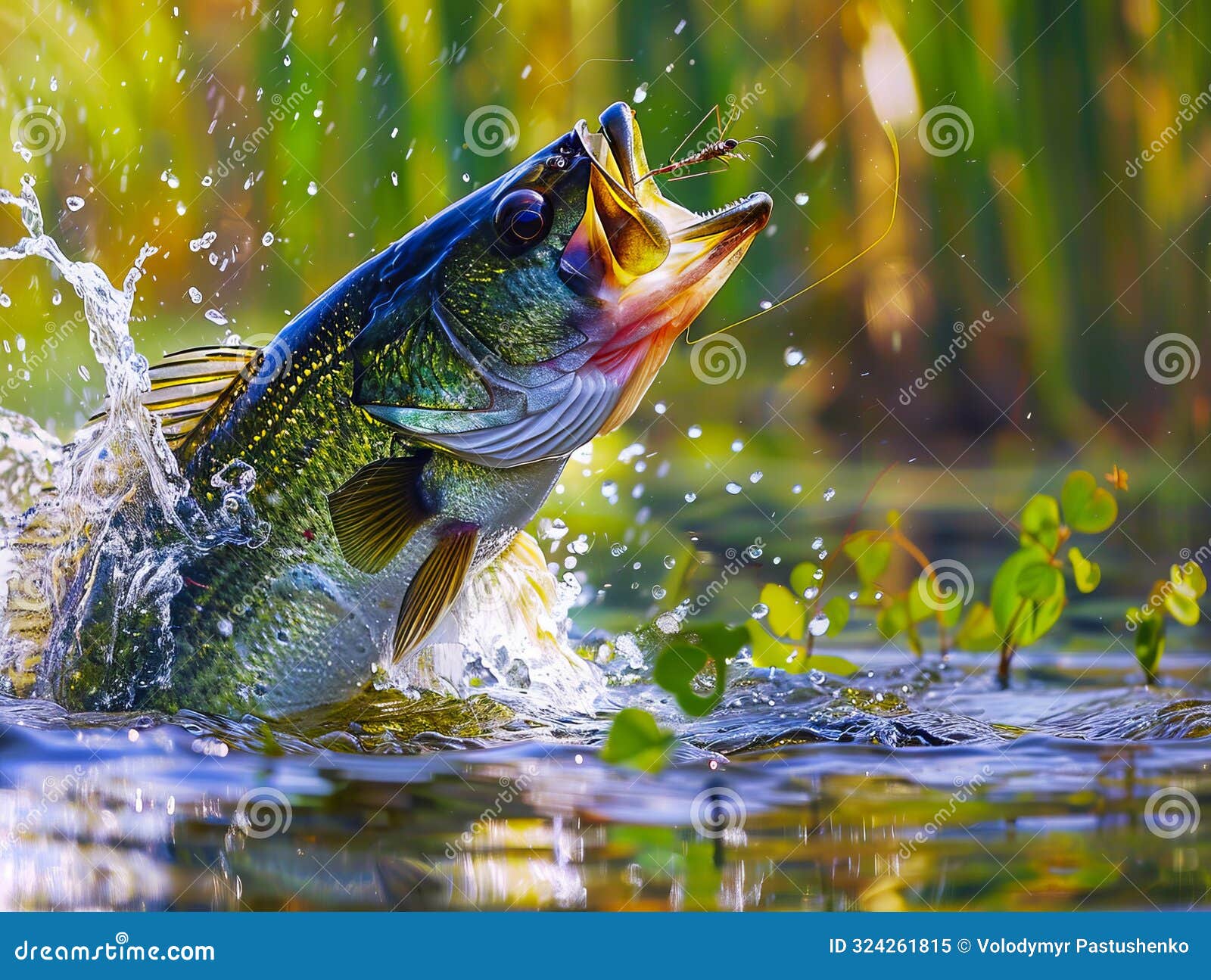 A Large Bass Jumping Out of the Water Stock Image - Image of splash ...