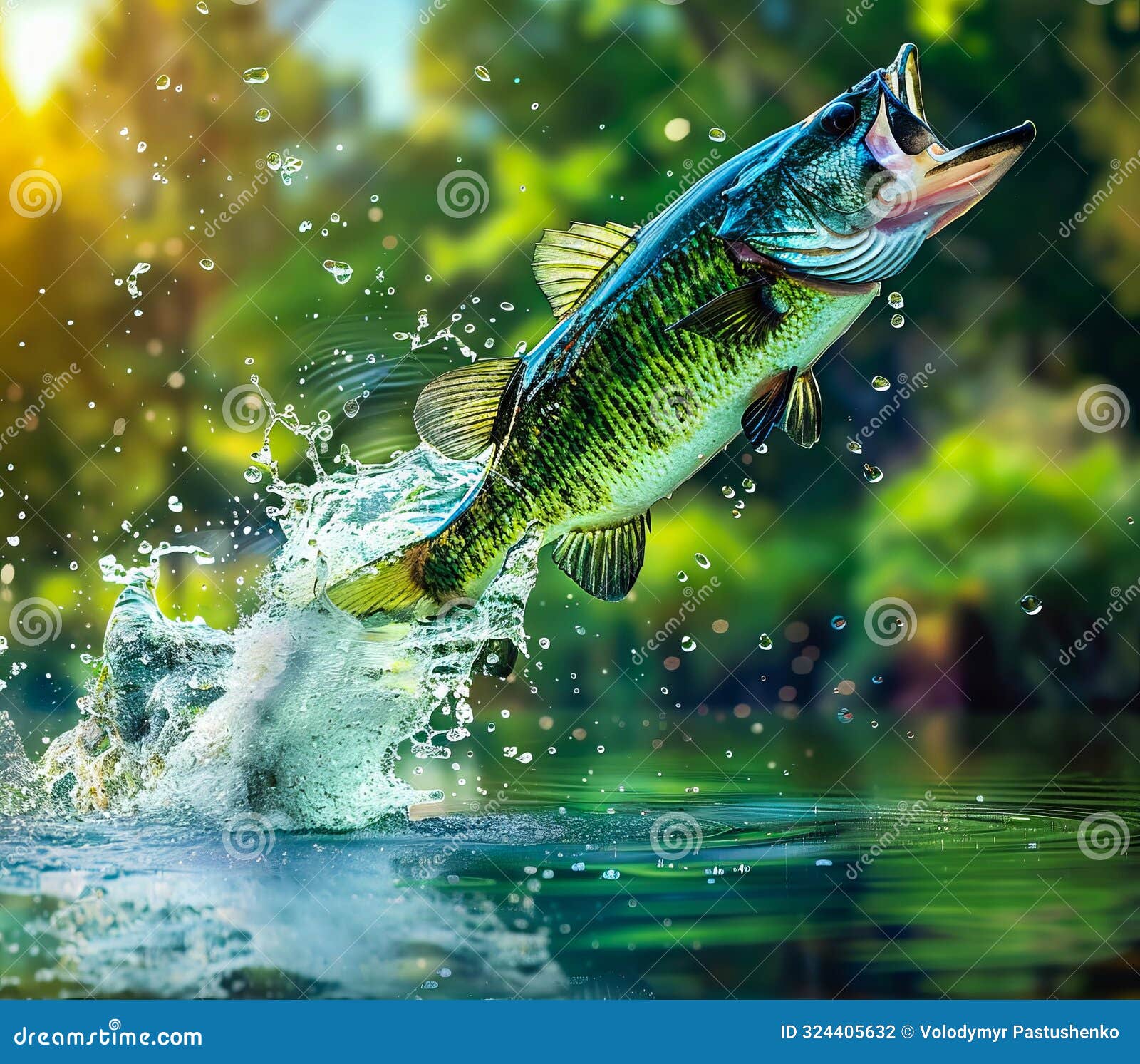 A Large Bass Jumping Out of the Water Stock Photo - Image of fishing ...