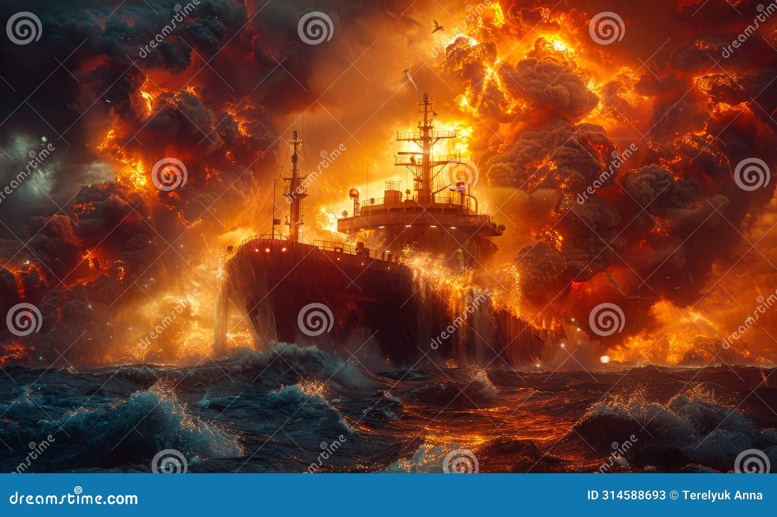 Large Battleship in Flames and Huge Explosion in the Sea Stock Image ...