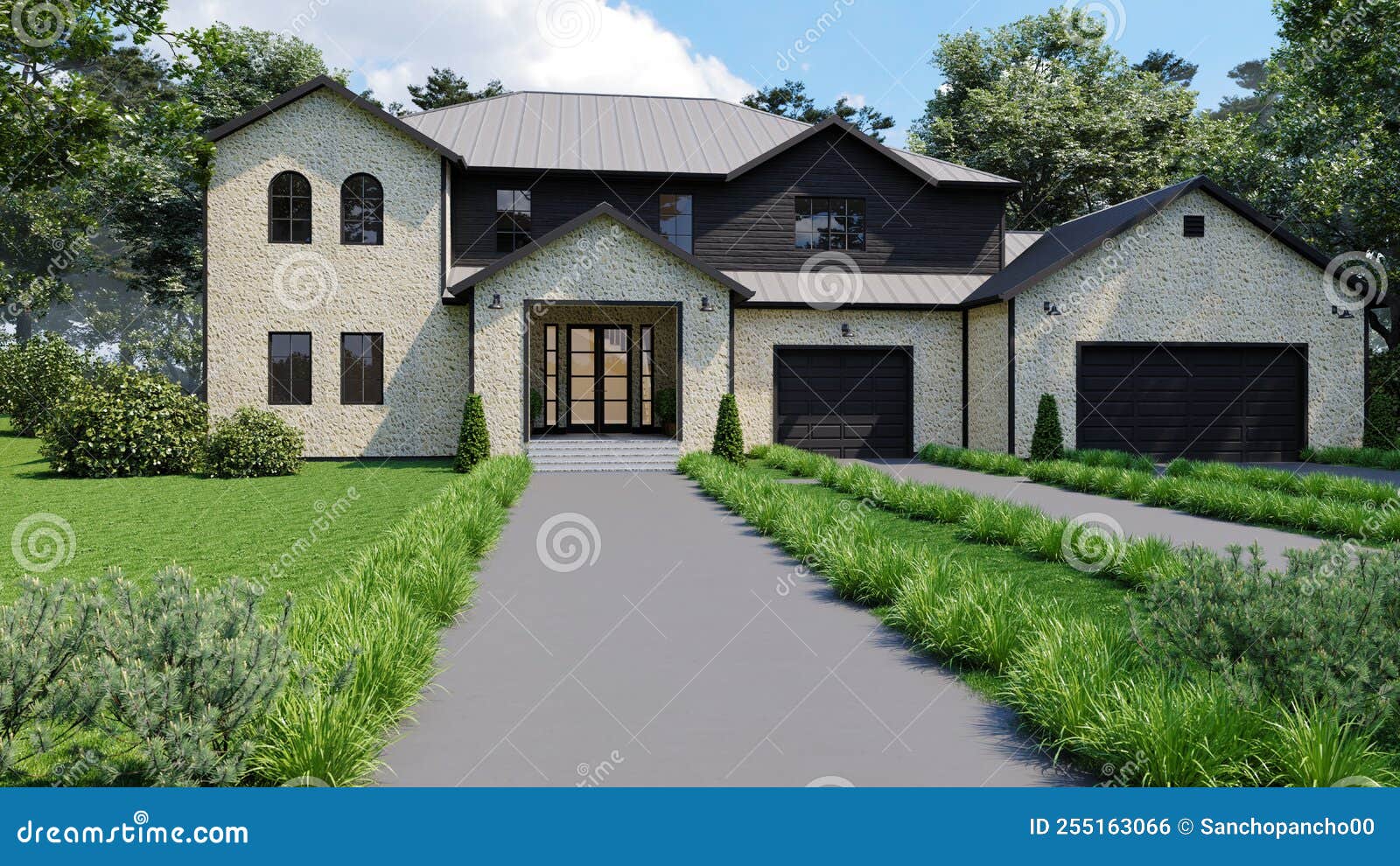 Large Beautiful House with Two Garages. 3d Render of a House Stock ...