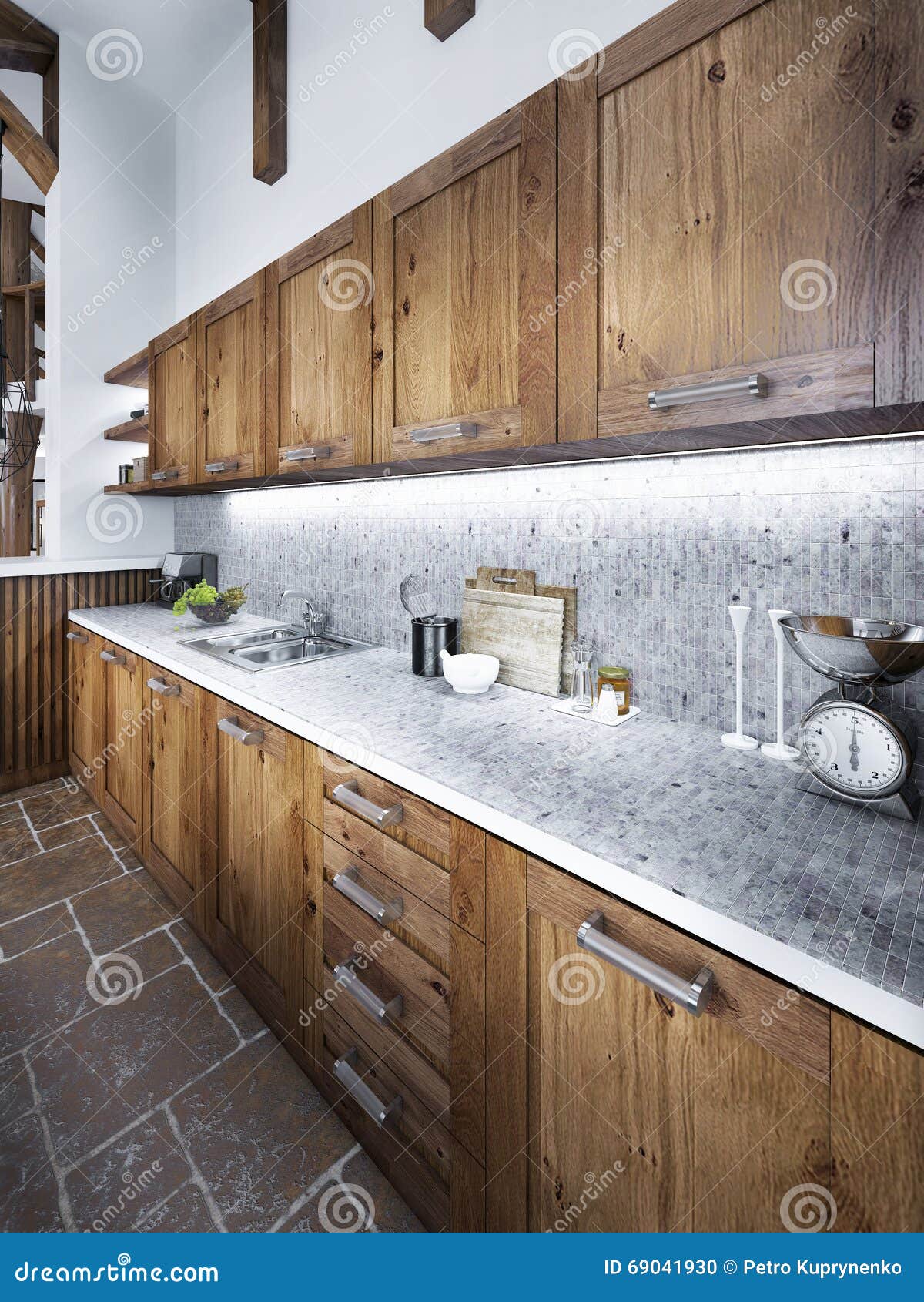 Large Beautiful Kitchen in a Rustic Style. Stock Photo - Image of light ...