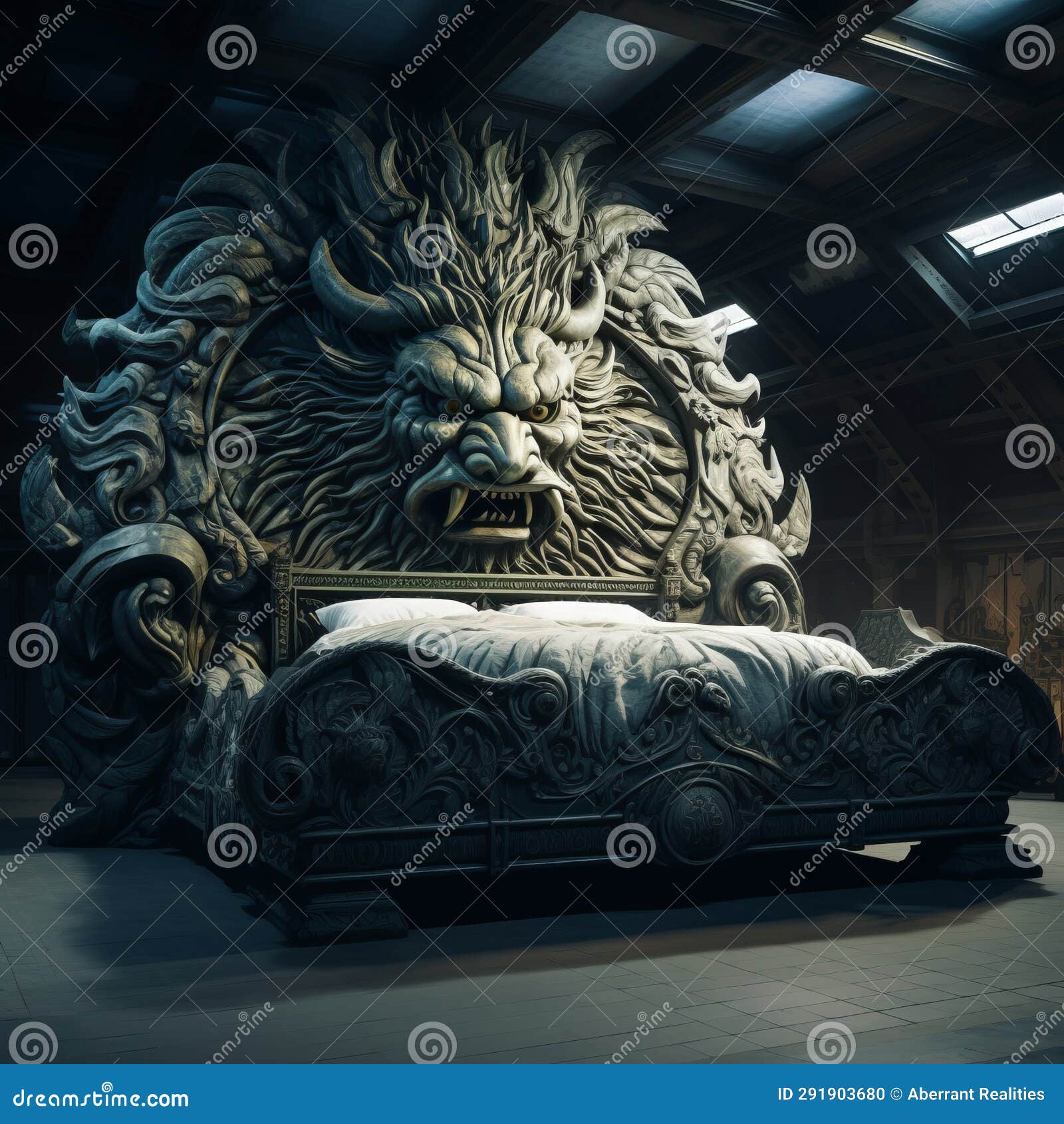 A Large Bed with a Demon Head on Top of it Stock Illustration ...