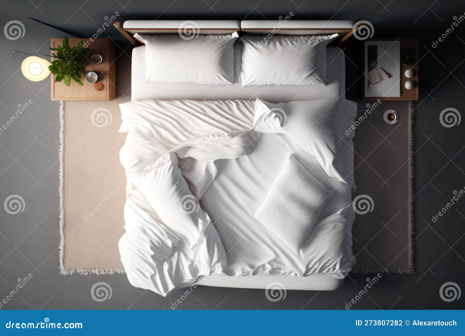 The Large Bed is Not Made with Large Pillows. Top View Stock ...