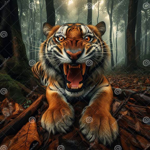 A Large Bengal Tiger in the Dense Forests of India, Baring Its Teeth ...