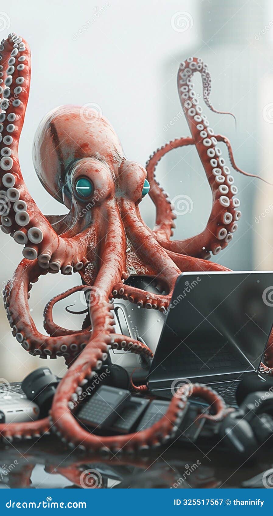 Octopus Sitting on a Laptop Computer with a City in the Background ...
