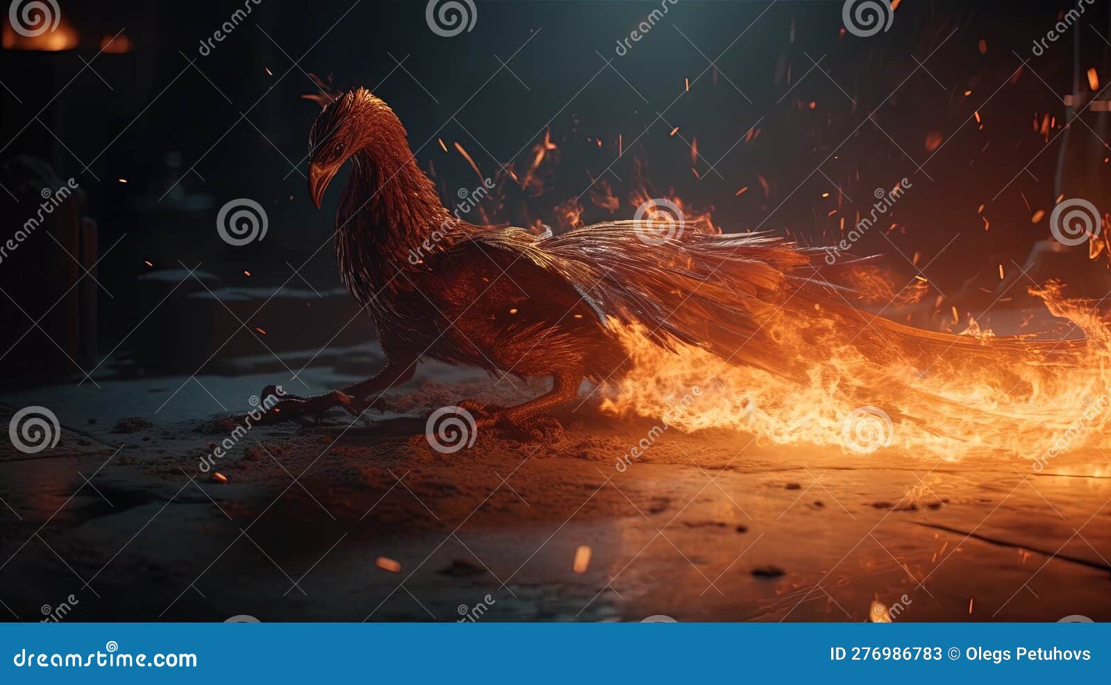 A Large Bird Standing on Top of a Fire Filled Floor Stock Image - Image ...