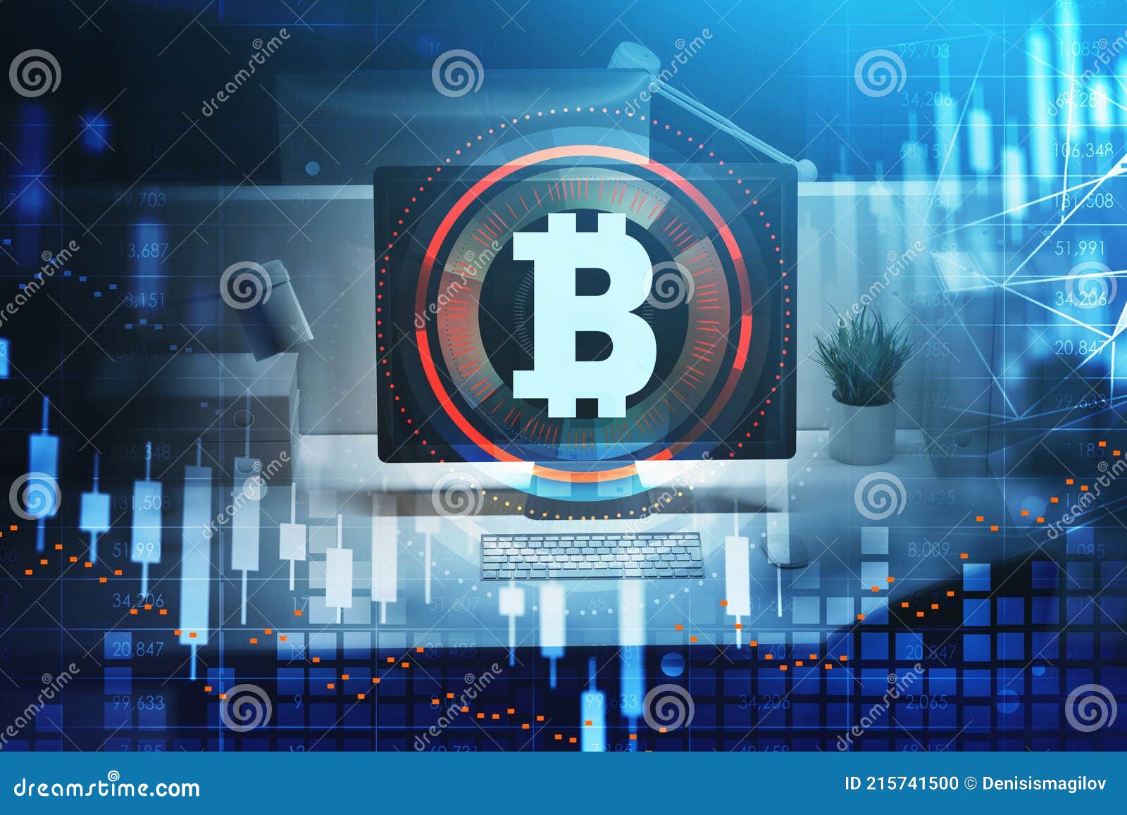Large Bitcoin Logotype with Candlestick and Chart at Office Workplace ...