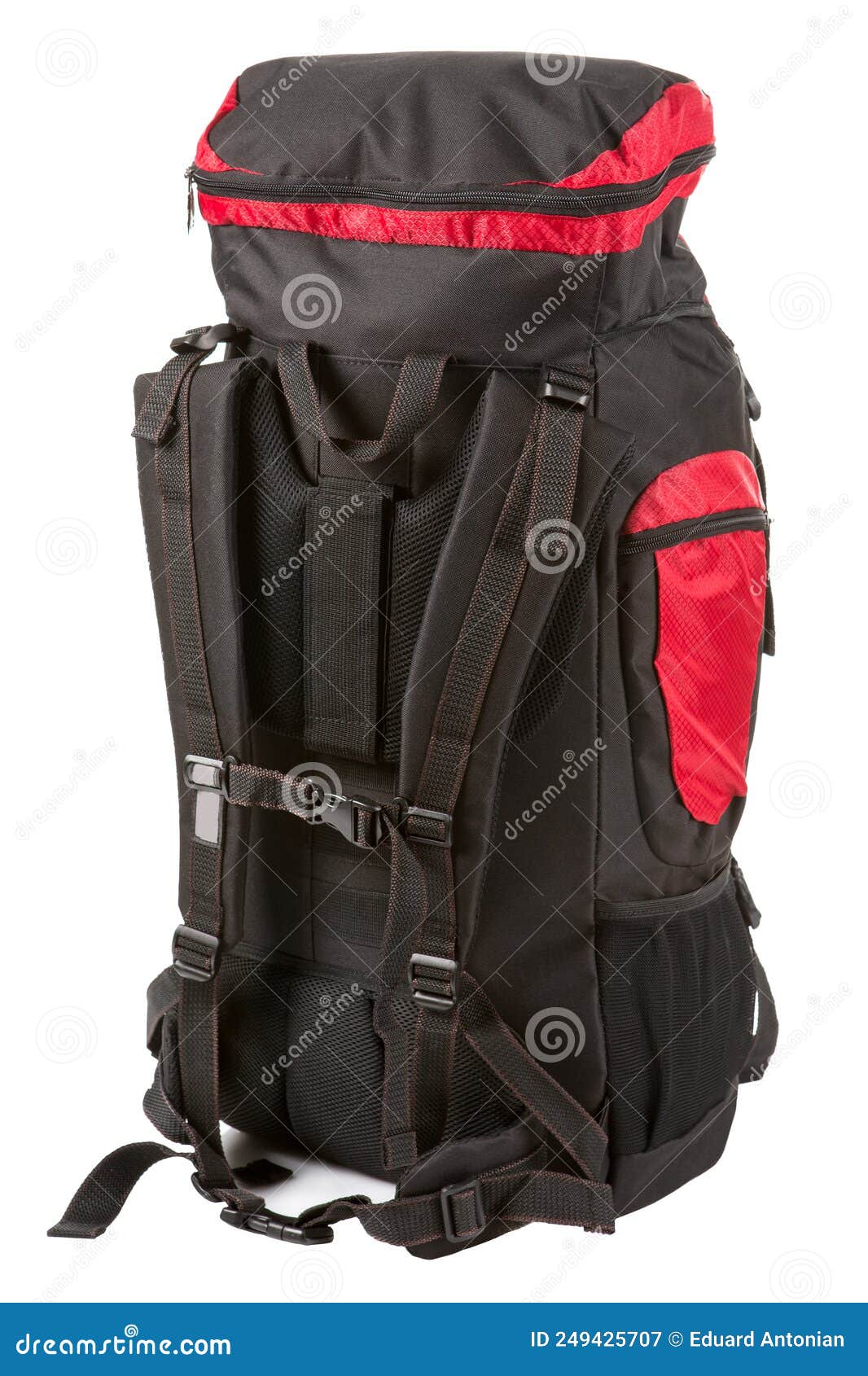 Large Black Backpack with Red Inserts, White Background, Reverse Side ...
