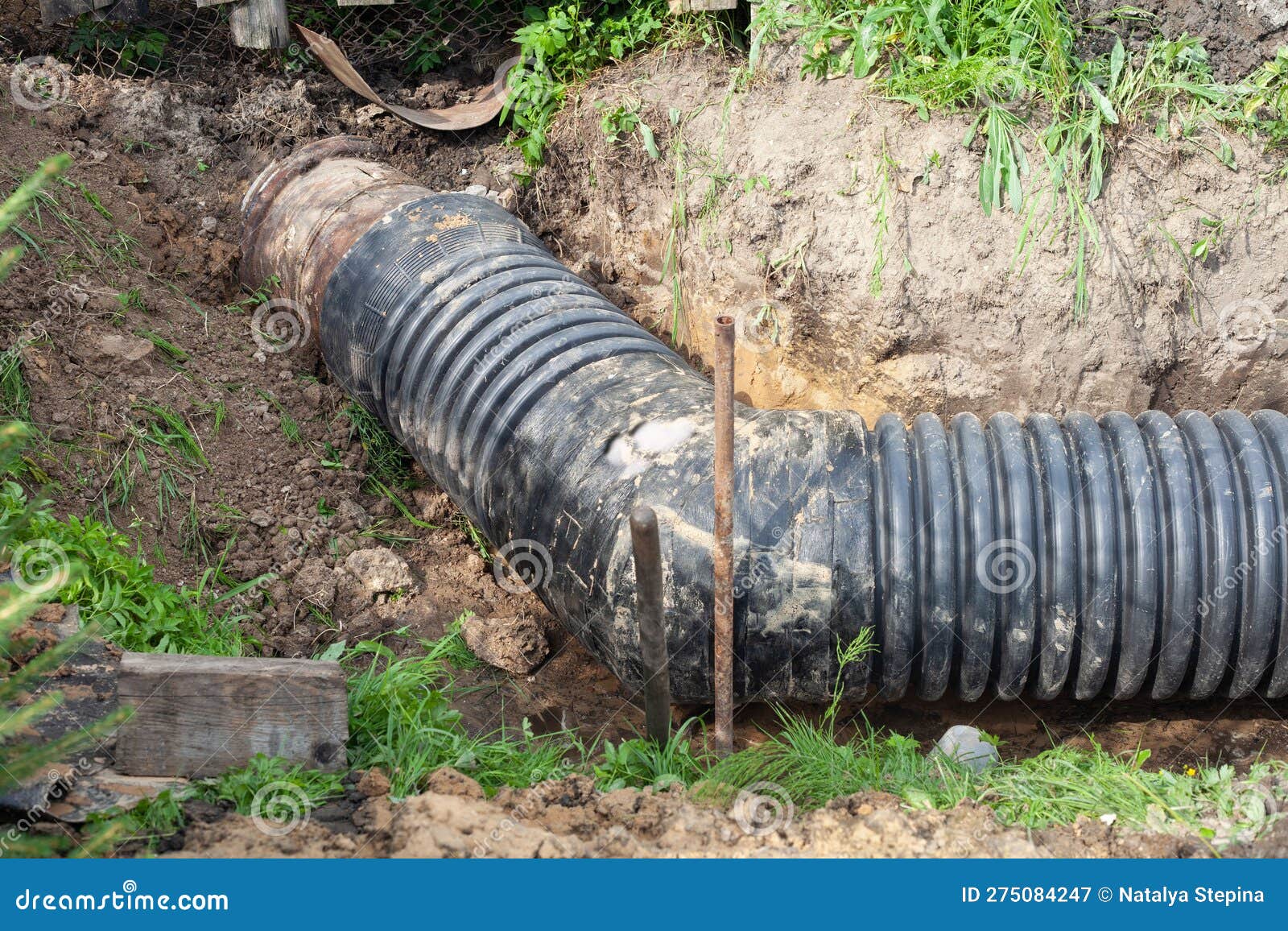 A Large Black Corrugated Pipe Lies in a Ditch in the Summer Stock Image ...