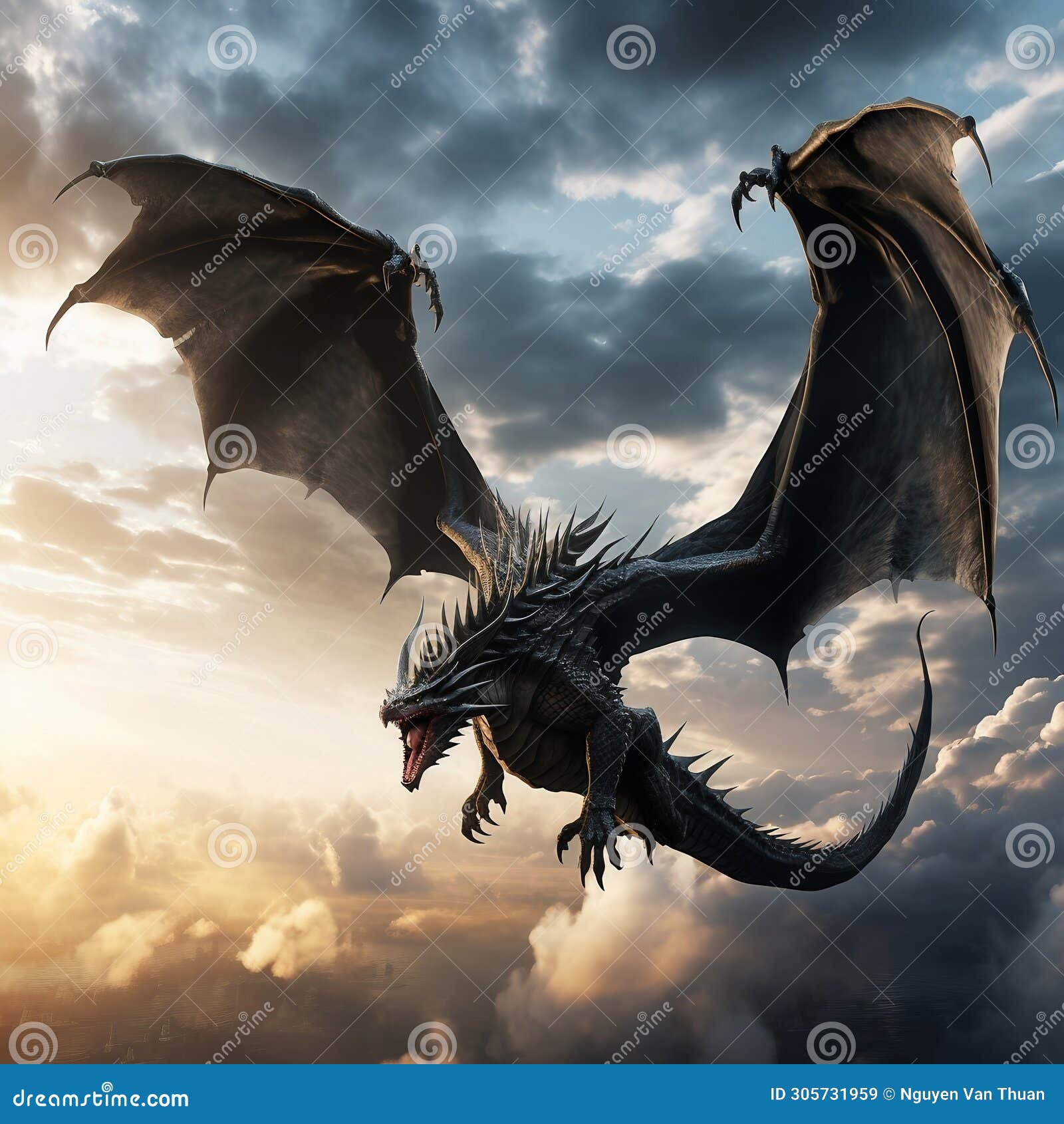 A Large Black Dragon Flying through a Cloudy Sky Stock Image - Image of ...
