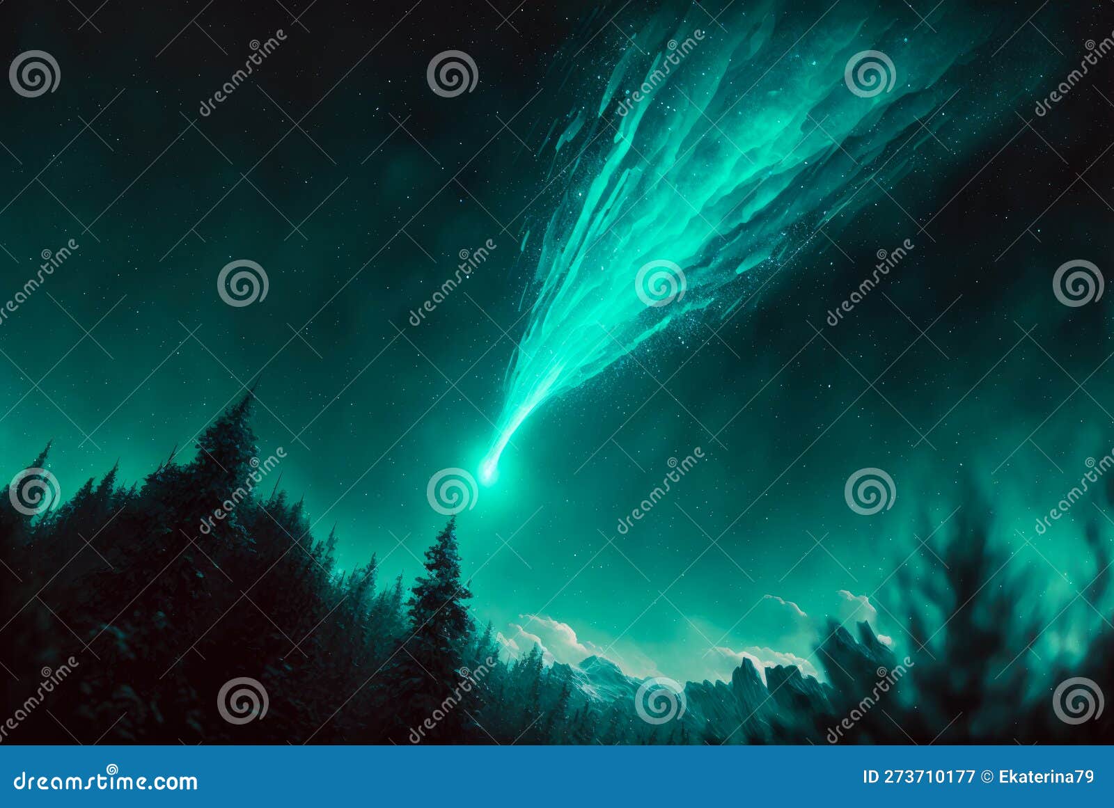 A Large Blue Comet with a Trail Streaking Thorugh the Night Sky ...