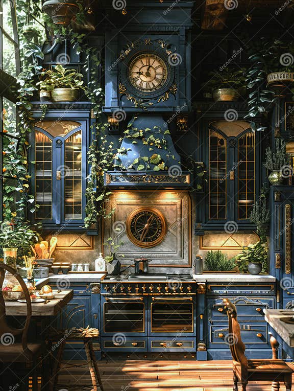 Large Blue Kitchen with Clock on the Wall Stock Image - Image of europe ...