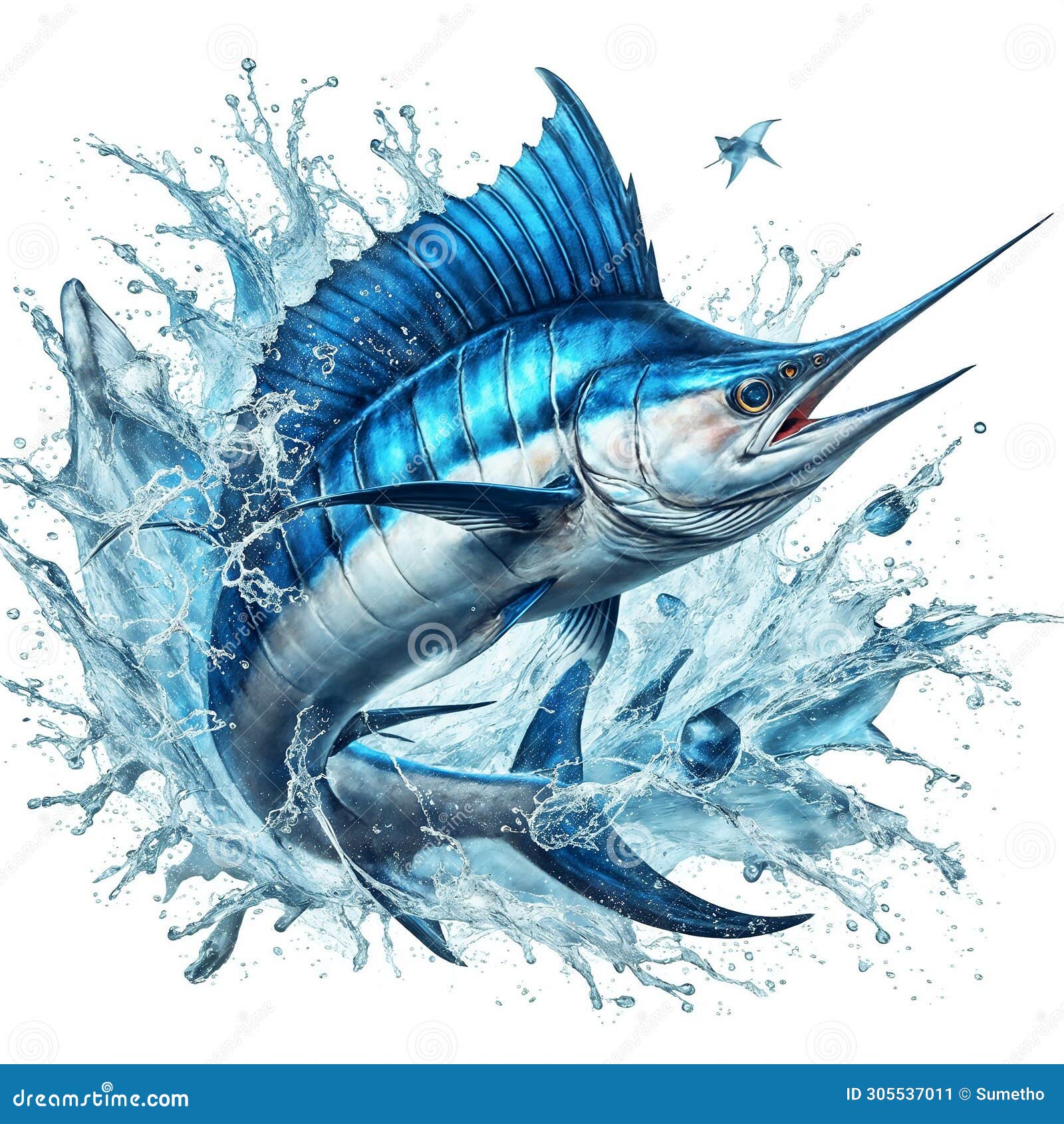 A Large Blue Marlin Surrounded by Water Splashes and Smaller Fish. the ...