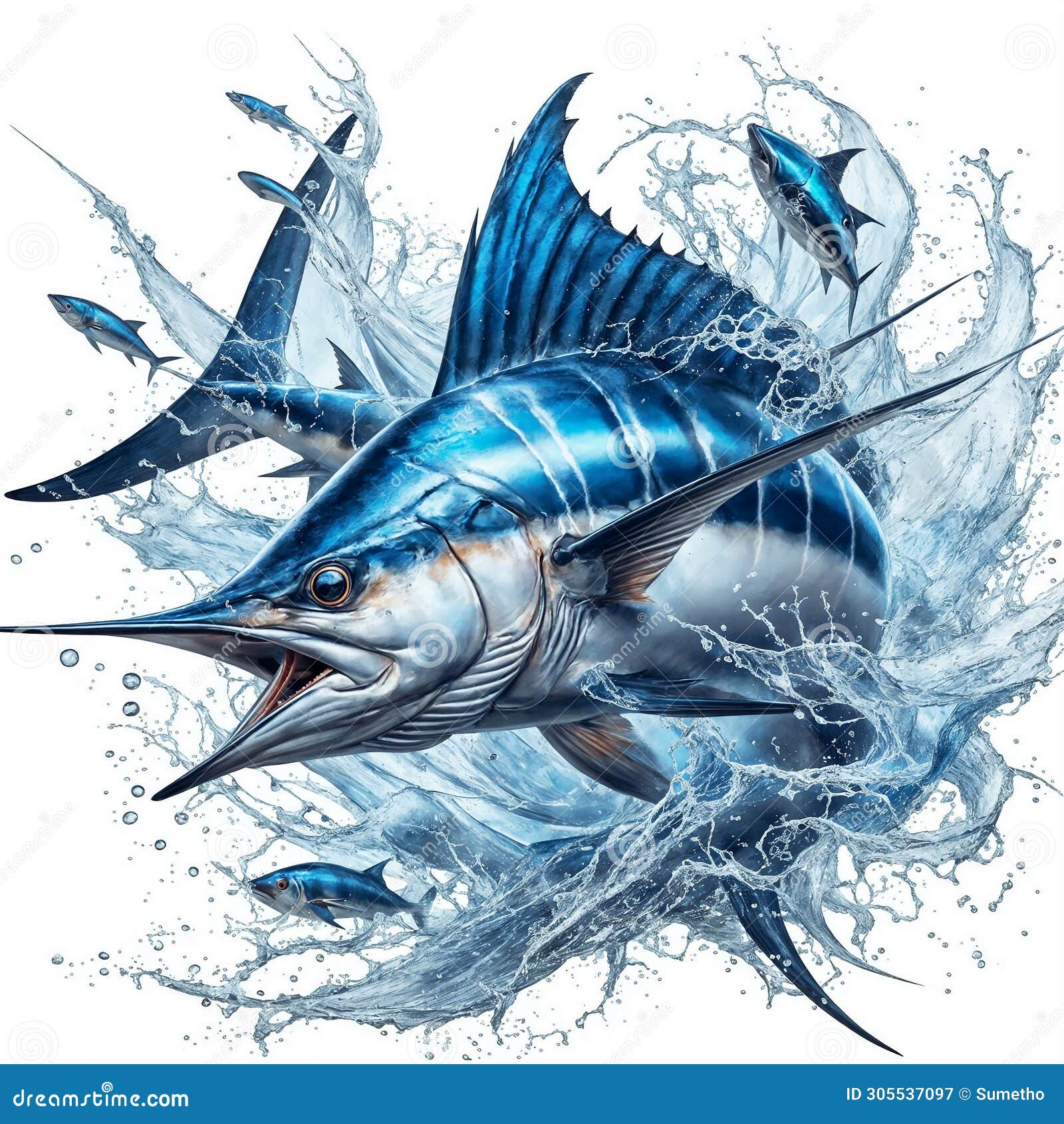 A Large Blue Marlin Surrounded by Water Splashes and Smaller Fish. the ...