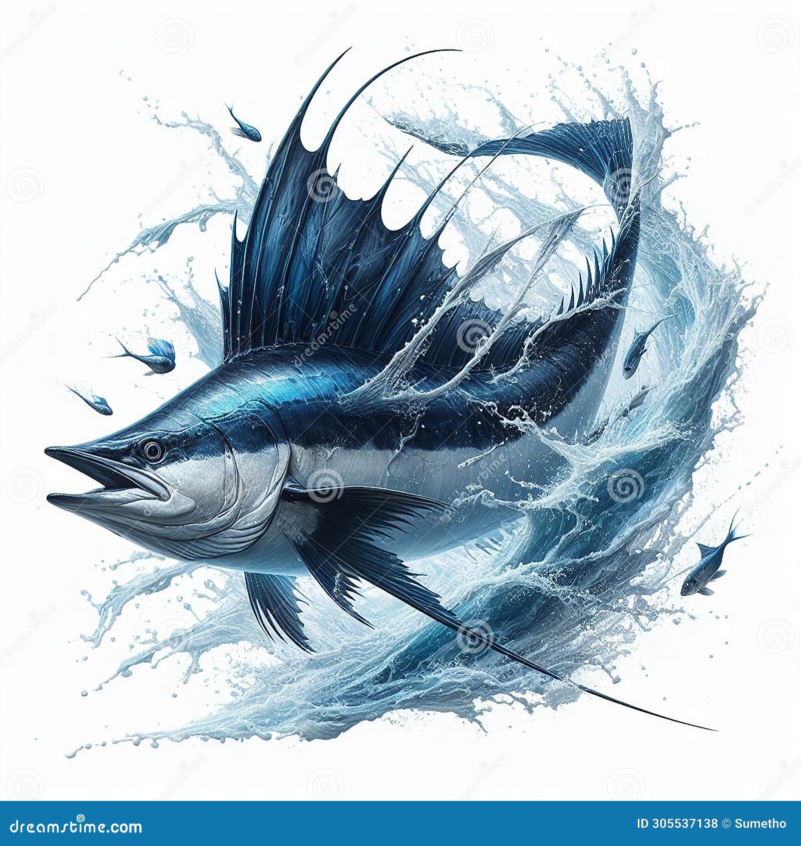 A Large Blue Marlin Surrounded by Water Splashes and Smaller Fish. the ...