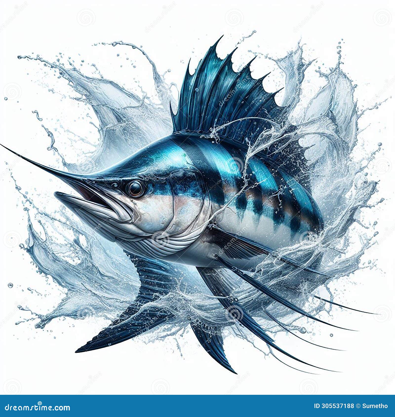 A Large Blue Marlin Surrounded by Water Splashes and Smaller Fish. the ...