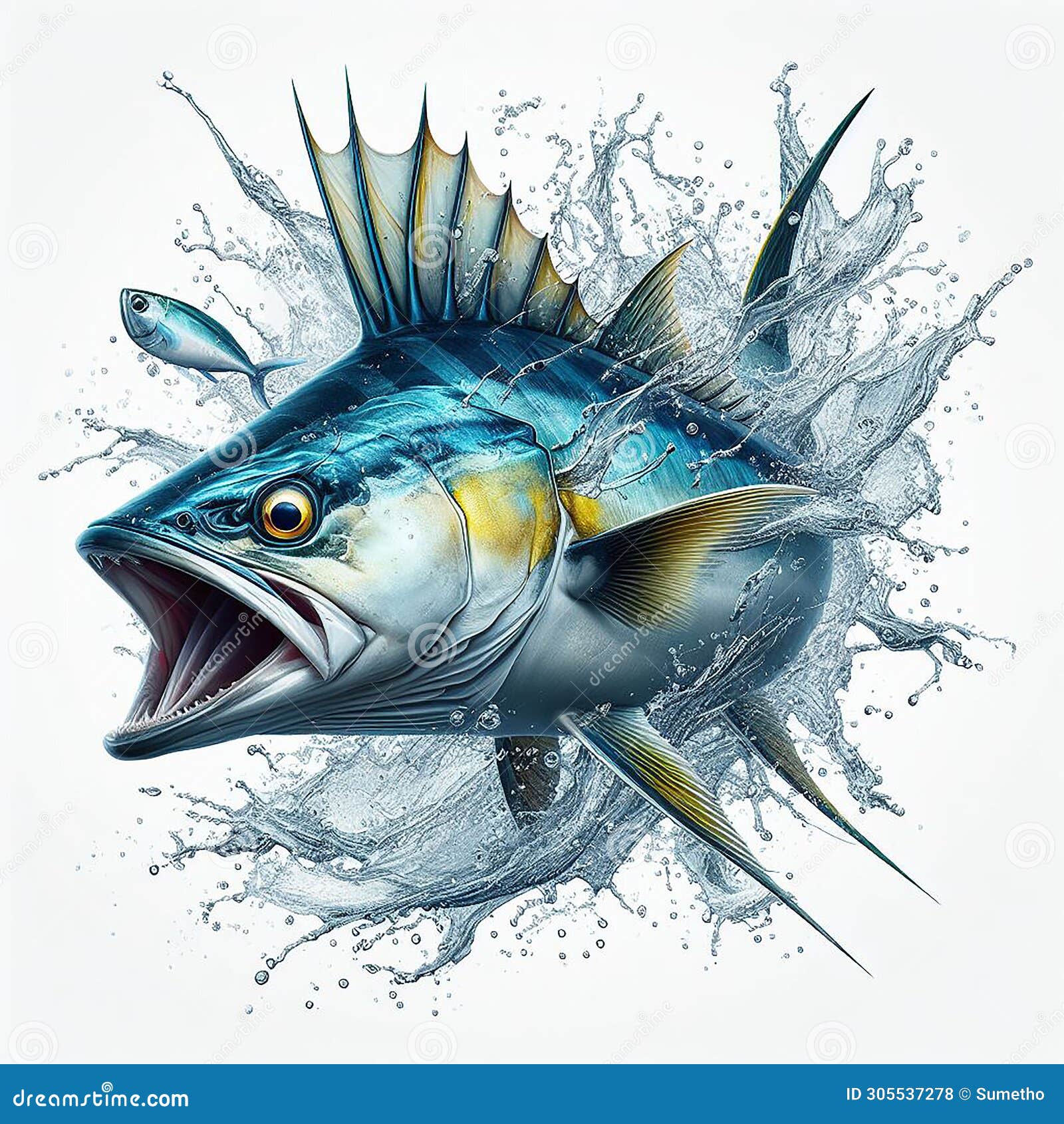 A Large Blue Marlin Surrounded by Water Splashes and Smaller Fish. the ...