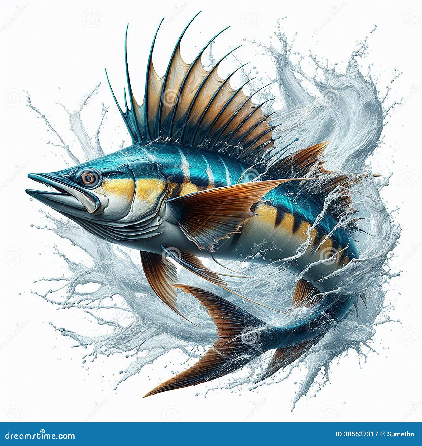 A Large Blue Marlin Surrounded by Water Splashes and Smaller Fish. the ...