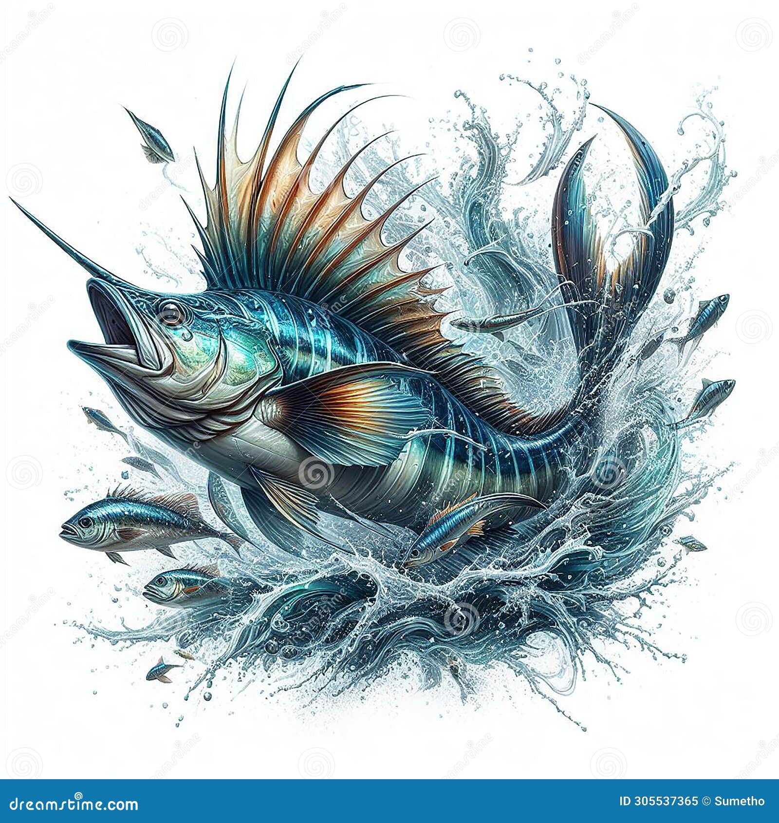 A Large Blue Marlin Surrounded by Water Splashes and Smaller Fish. the ...