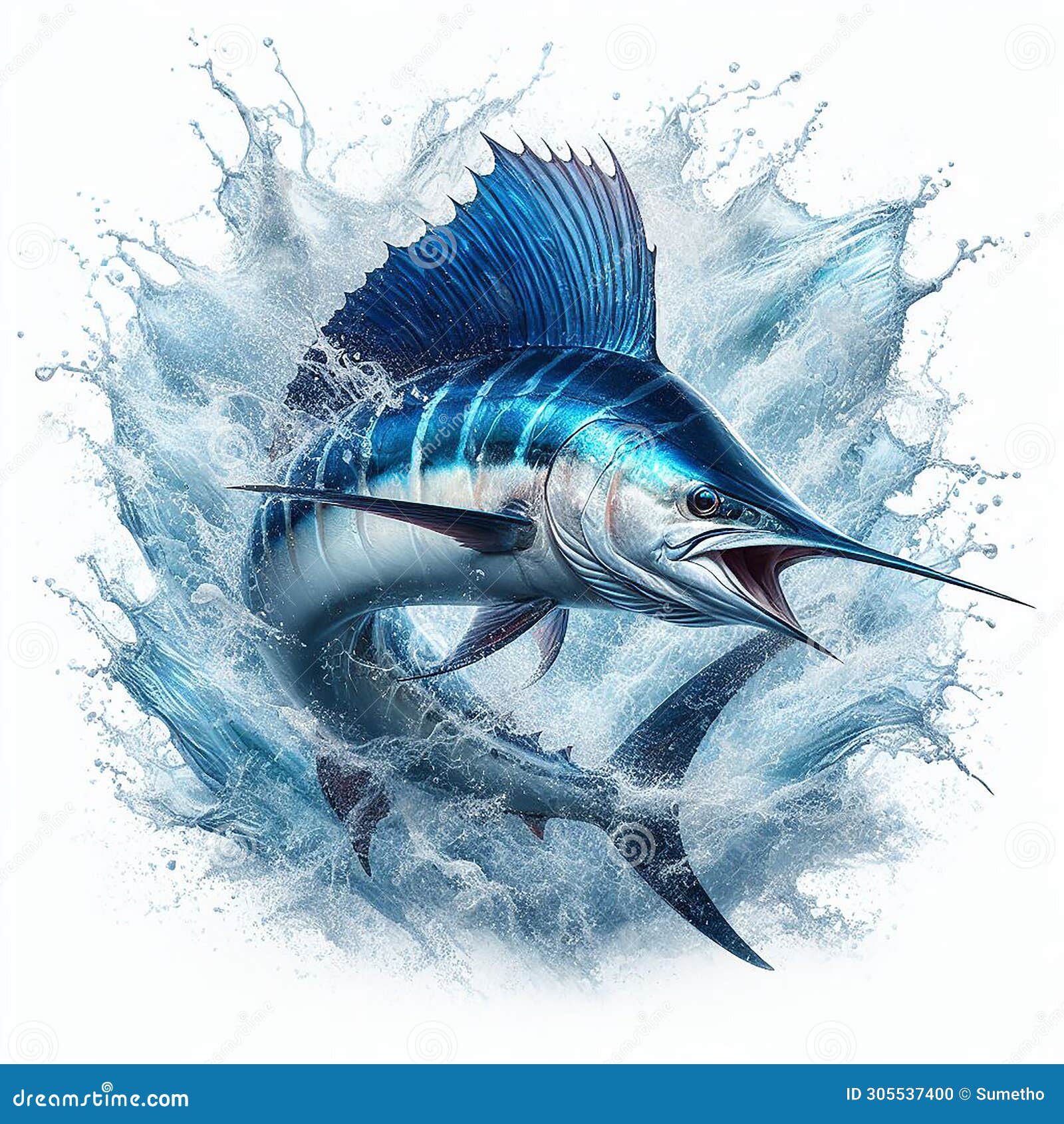A Large Blue Marlin Surrounded by Water Splashes and Smaller Fish. the ...