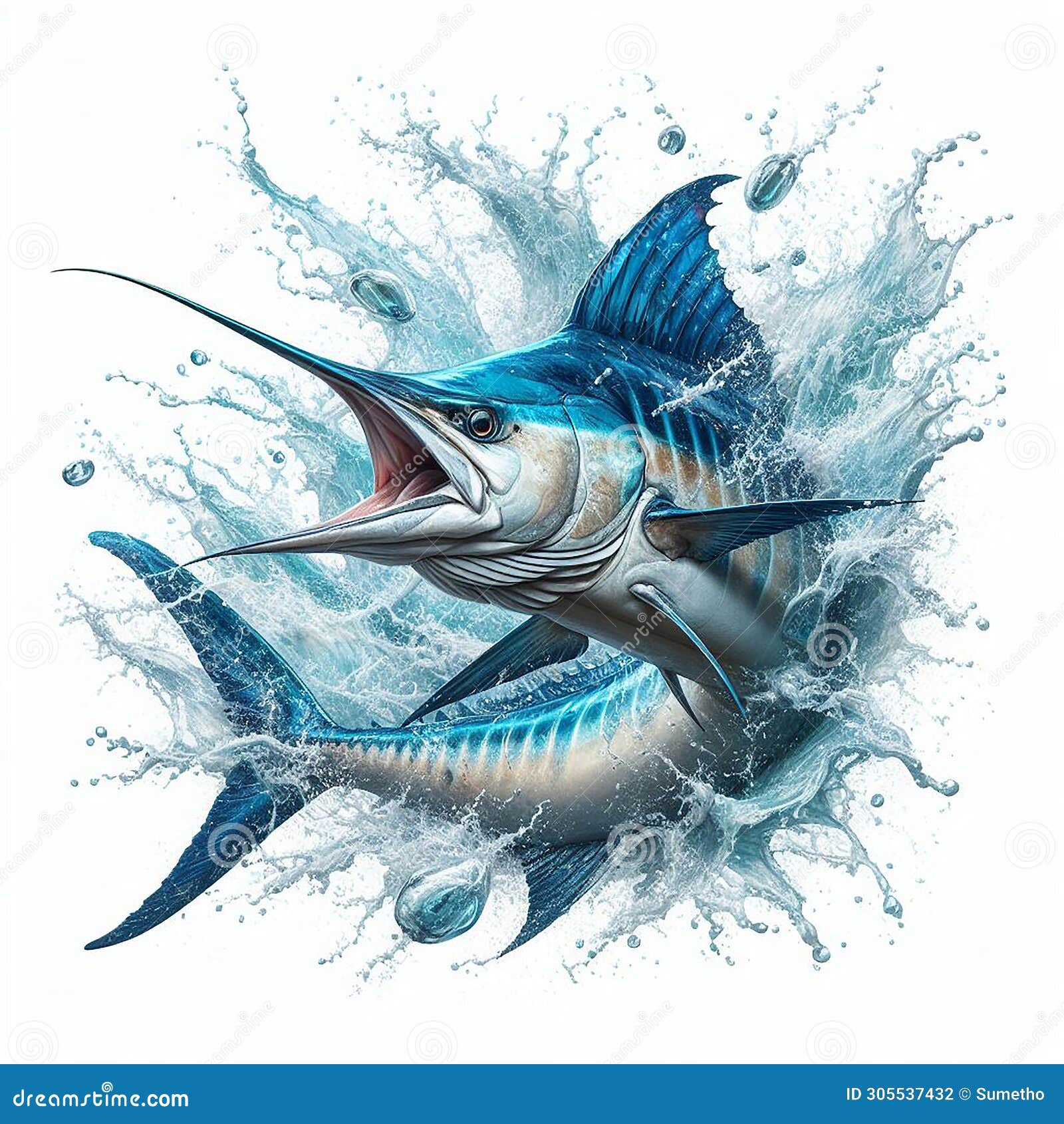 A Large Blue Marlin Surrounded by Water Splashes and Smaller Fish. the ...