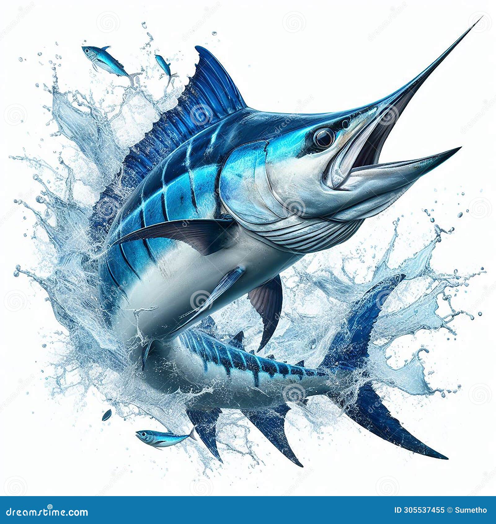 A Large Blue Marlin Surrounded by Water Splashes and Smaller Fish. the ...
