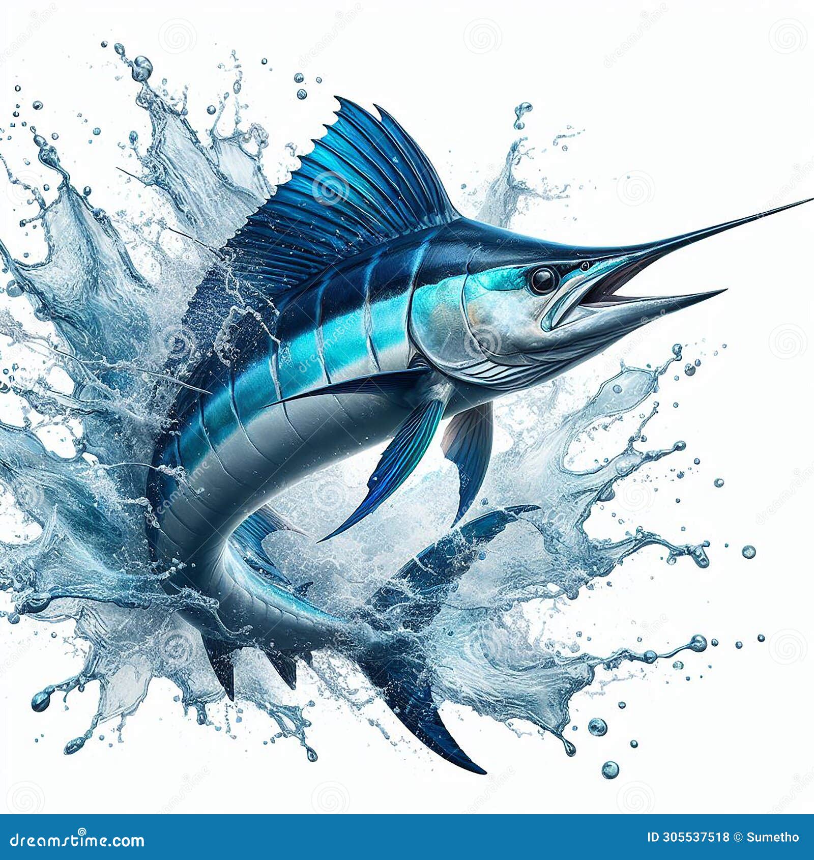 A Large Blue Marlin Surrounded by Water Splashes and Smaller Fish. the ...