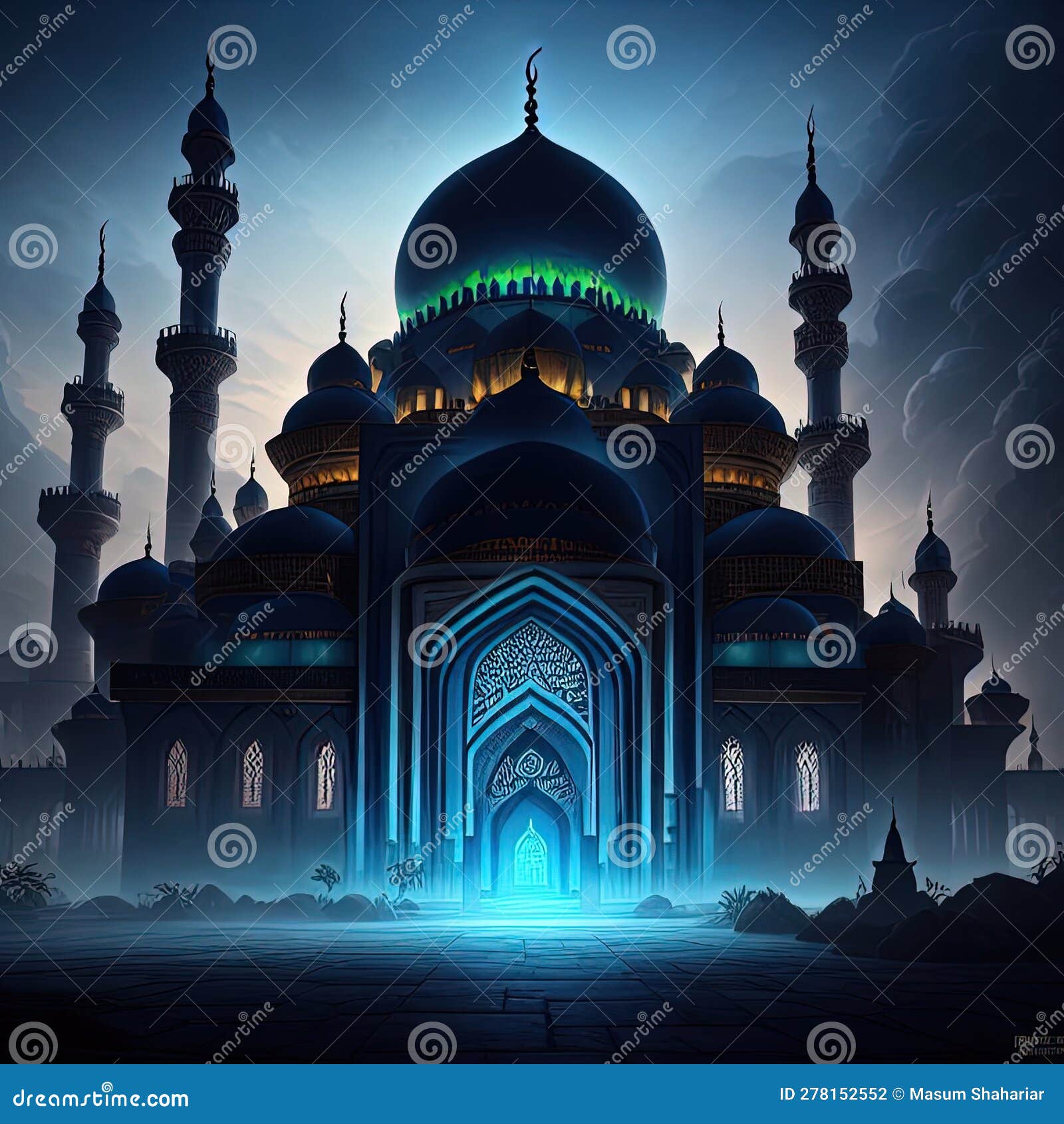 A Large Blue Mosque with a Green Dome and a Green Light Stock ...