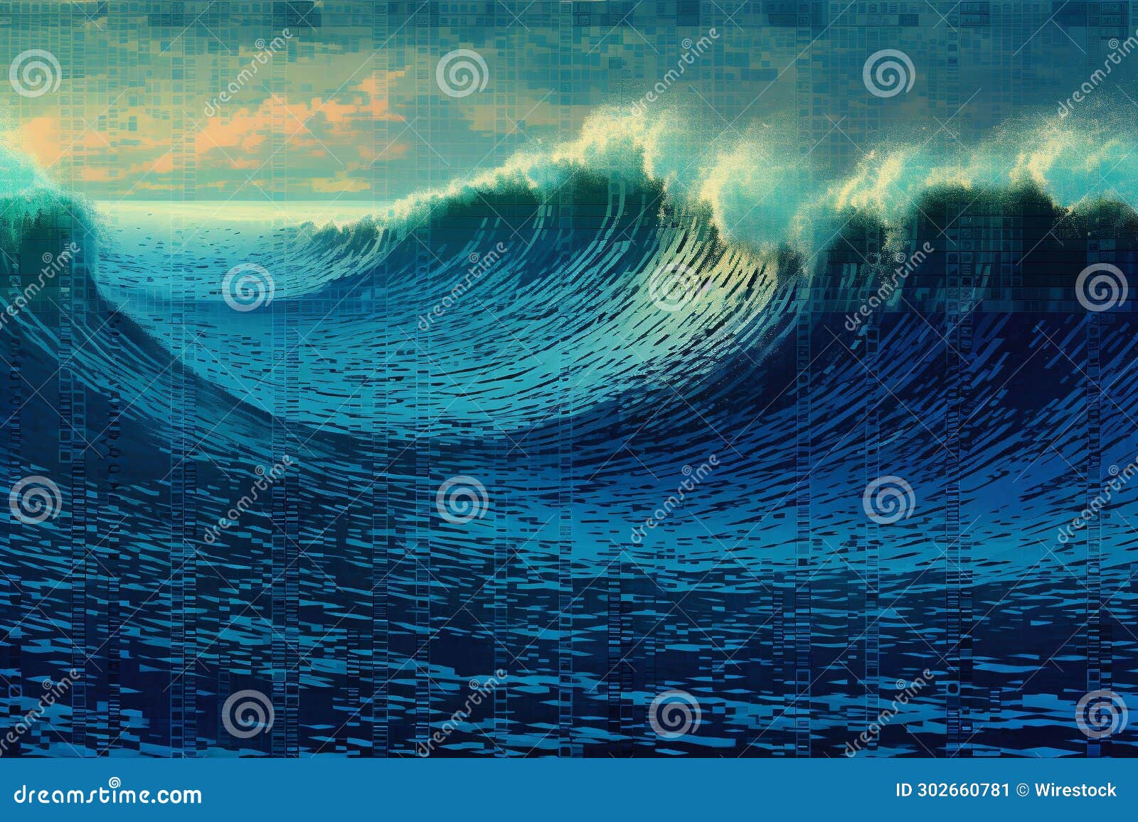 Large Blue Ocean Wave with Pixelated Textures. AI-generated Stock ...