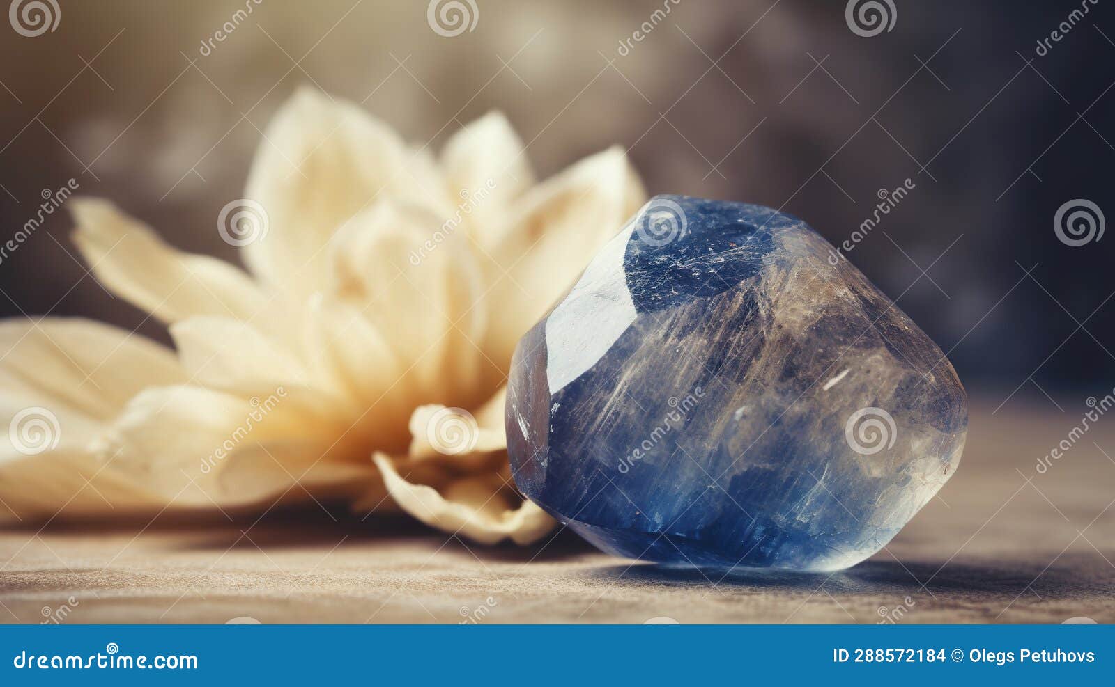 A Large Blue Stone Sitting Next To a Flower on a Table Stock Photo ...