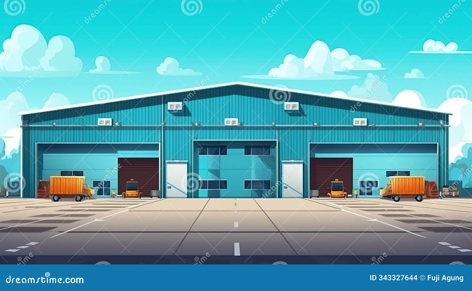 A Large Blue Warehouse With Three Open Loading Docks. There Are Two ...