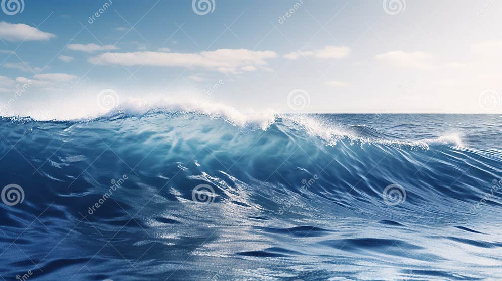 A Large Blue Wave in the Ocean with a Sky Background Stock Image ...