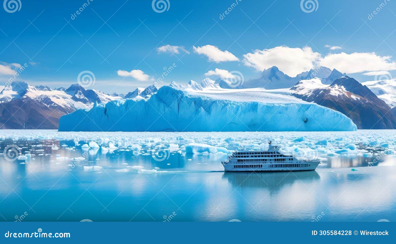 A Large Boat Floating in Front of an Iceberg on the Water Stock ...