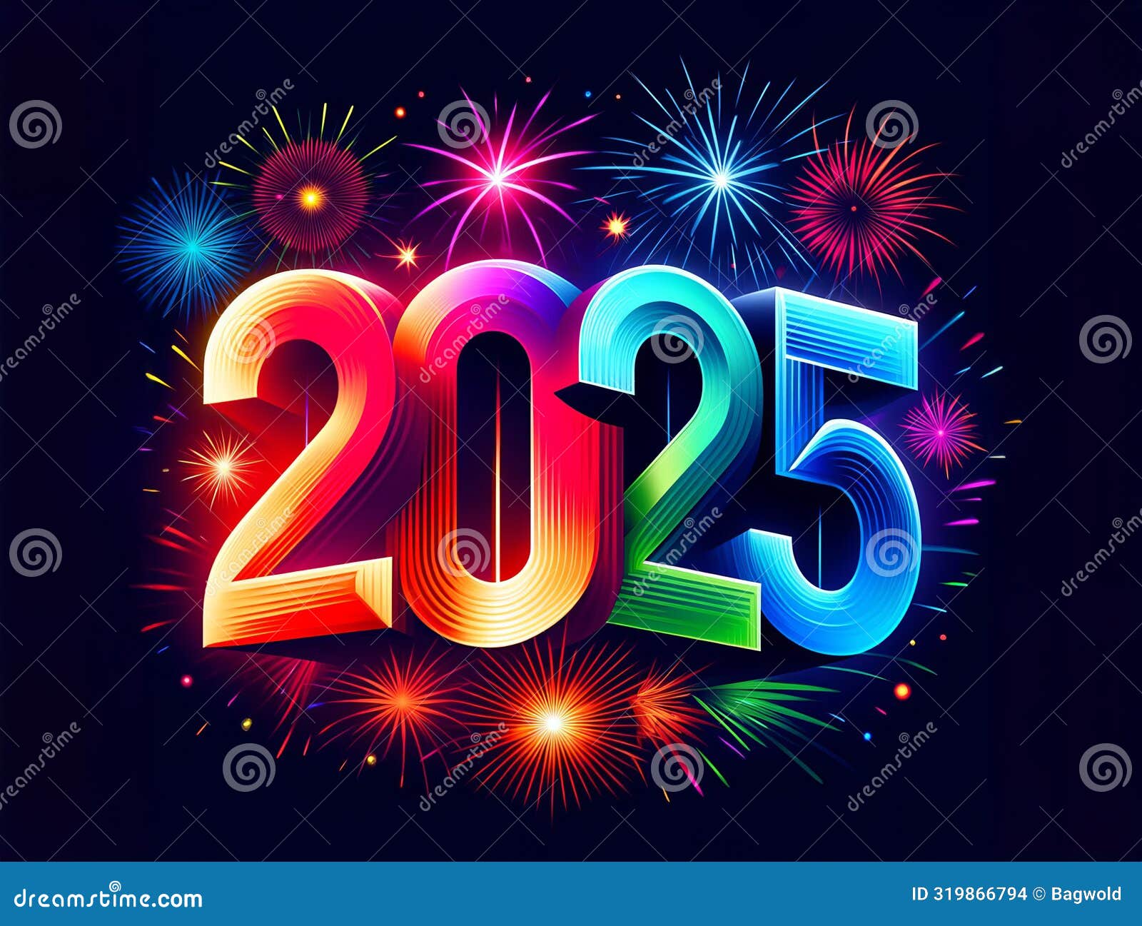 Bright and Vibrant Neon 2025 Sign with Colorful Fireworks Stock ...