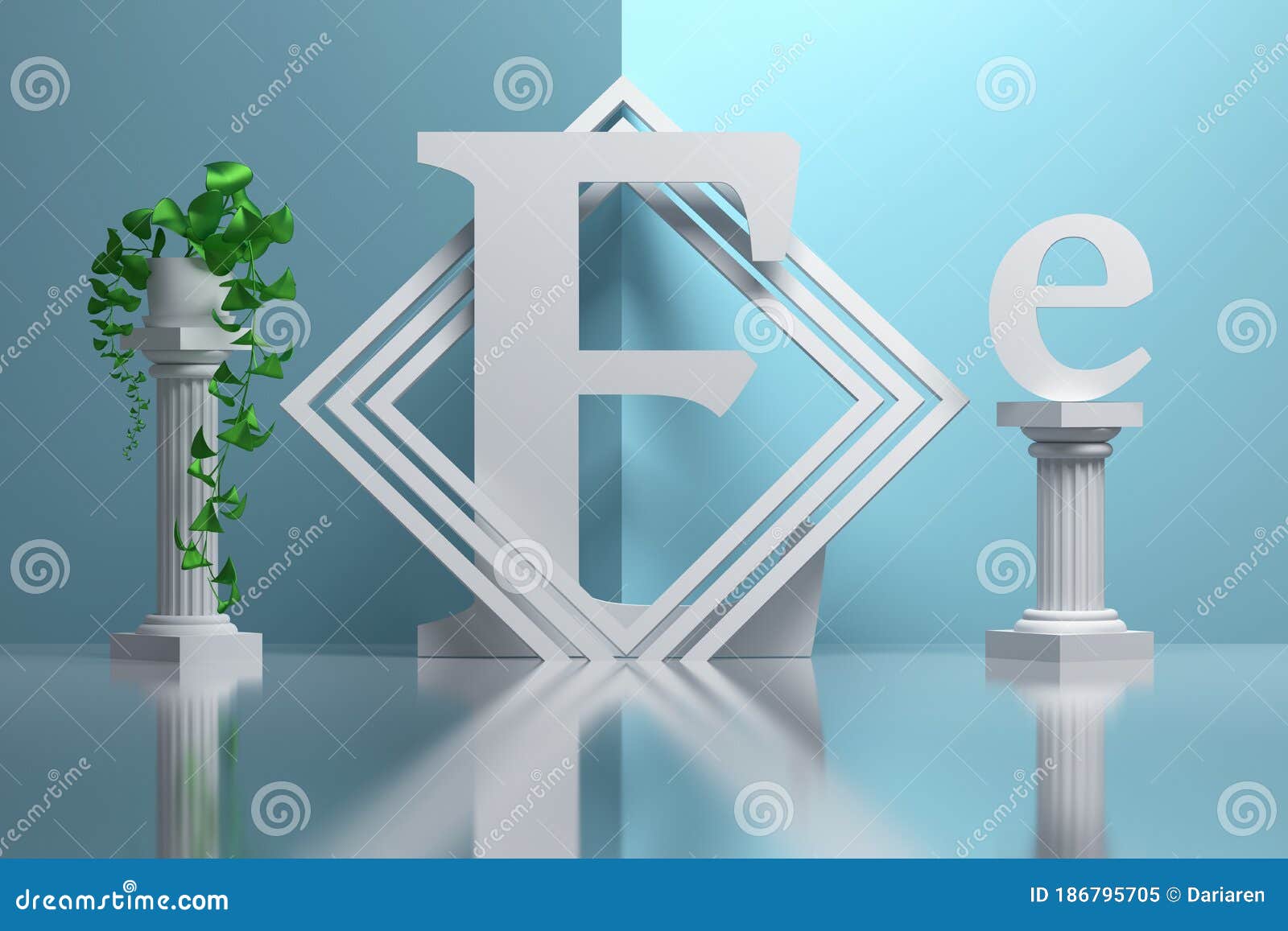 Large Bold Letter E in Composition with Greek Columns and Potted Plants ...