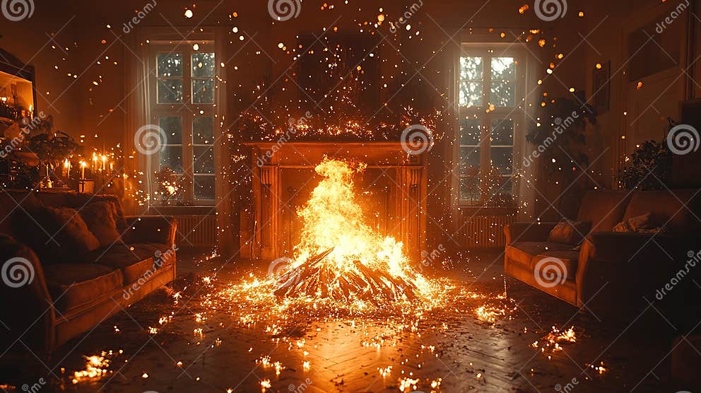 Large Bonfire Burning Brightly in a Living Room with Sofas and Windows ...