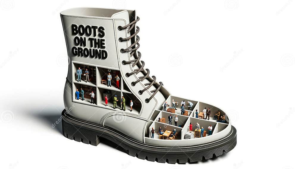 Large Boot with Miniature Scenes Inside Boots on the Ground Reflecting ...