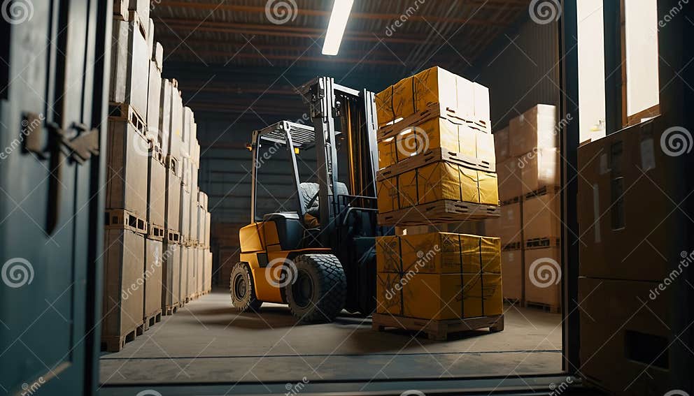 Large Boxes on a Forklift Unloaded and Sorted Inside a Warehouse ...